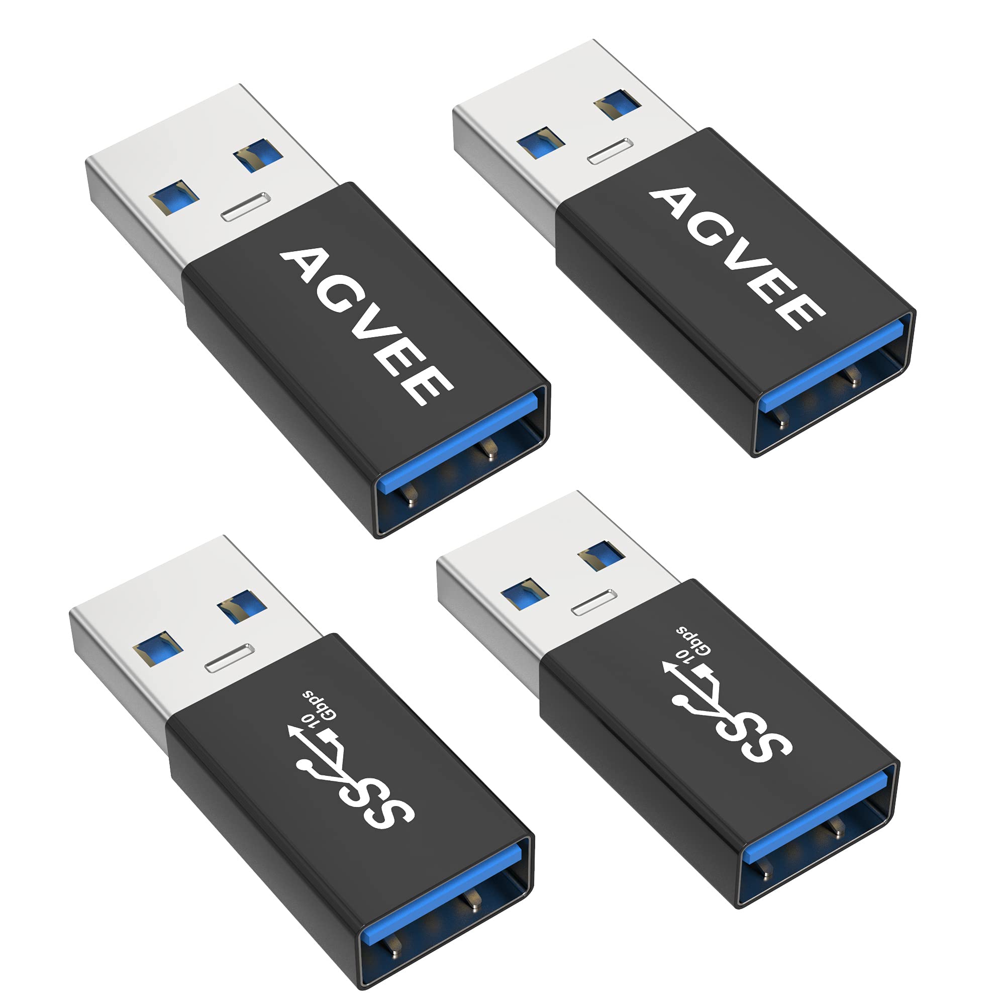 AGVEE 4 Pack USB-A 3.0 Female to USB-A Male Bidirectional Adapter, USB 3.2 Gen 1 Coupler Extender Extension Converter Connector, Black