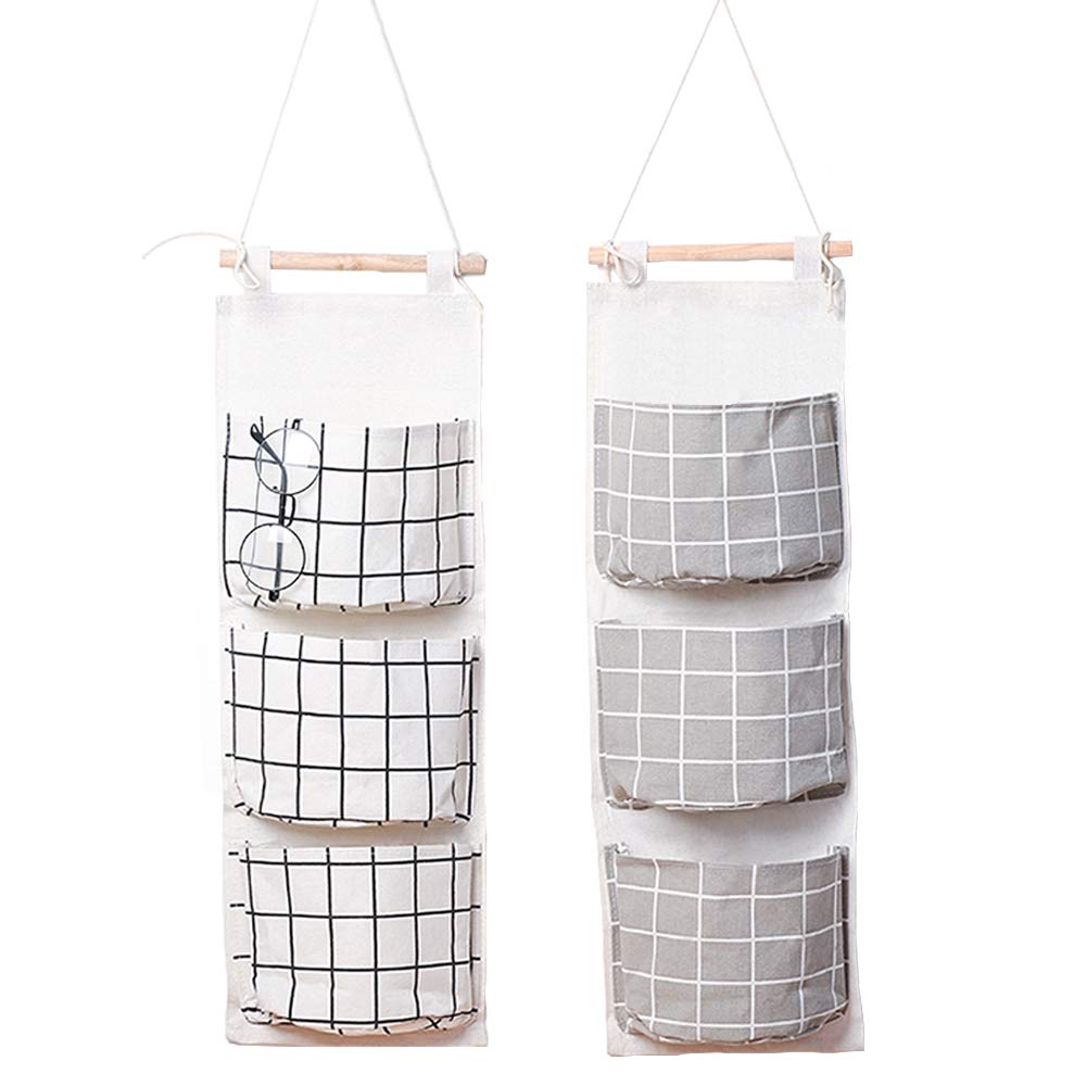 2 Pcs Dndo Wall Door Closet Hanging Storage Bag, Over The Door Closet Organizer with 3 Pockets, Linen Cotton Fabric Hanging Storage Pouches for Bedroom Bathroom- Waterproof & Stylish (Gray/White)