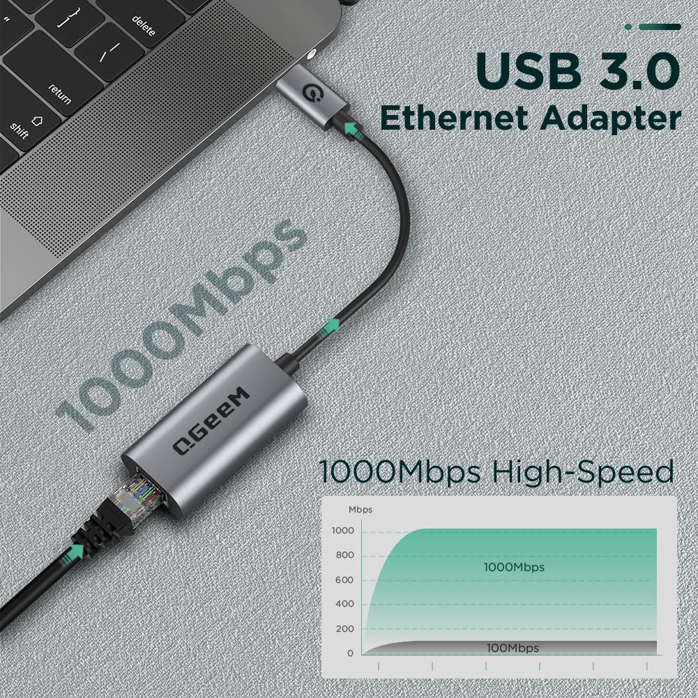 QGeeM USB Ethernet Adapter,USB 3.0 to 10/100/1000 Gigabit Ethernet LAN Network Adapter Compatible for MacBook Air/Pro,Surface Pro,iMac,Vista,Notebook PC with Windows7/8/10, XP