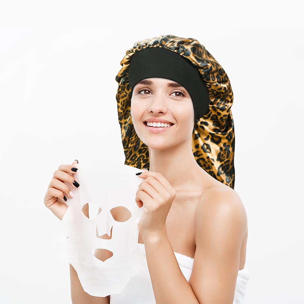 4 Pieces Satin Sleep Cap for Long Hair and Dreadlock, Extra Large 2 PCS Solid Color and 2 PCS Floral Pattern Sleeping Bonnet for Women