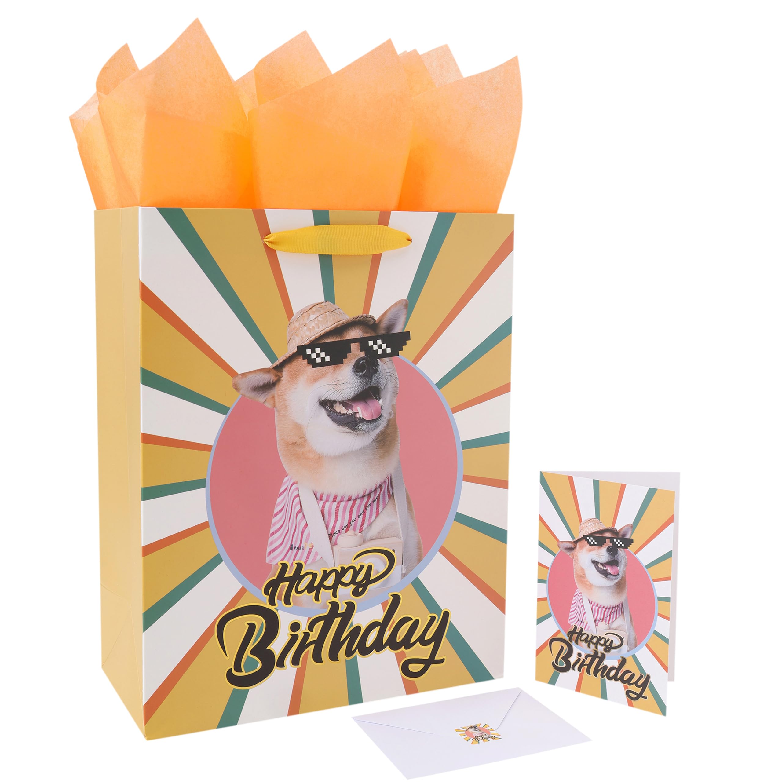 13β Large Yellow Happy Birthday Gift Bag Set with Handles, Greeting Card, Tissue Papers and Stickers for Women Girls Men Boys, Dog Design, 1 Pcs