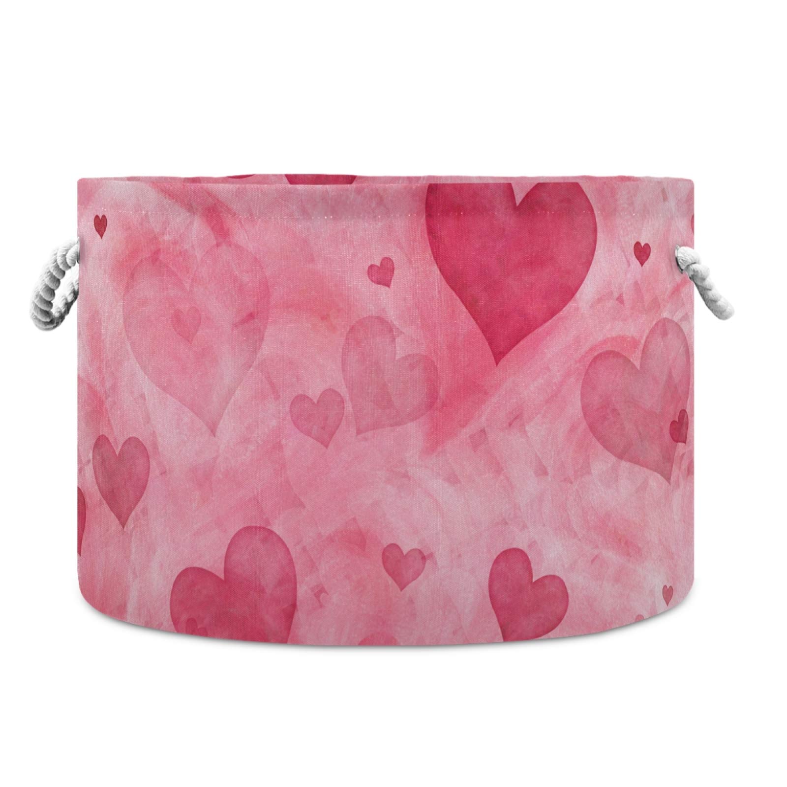 ALAZA Large Storage Basket for Toys Valentine's Day Red Heart Round Blanket Basket Laundry Hamper Canvas Organizer Bin Box Cotton Rope Collapsible Bucket Pillow Home Decor