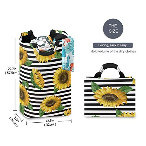 Aflyko Sunflower Black and White Stripes Laundry Basket Foldable Waterproof Laundry Hamper Large Storage Basket with Handles for Bathroom Washhouse Home Decor