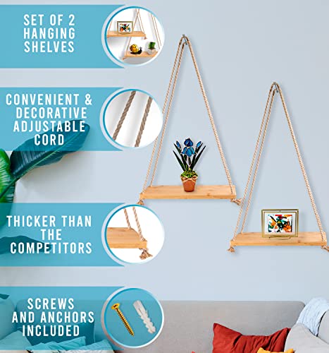 Comfify Modern Set of 2 Wooden Floating Shelves with String – Farmhouse Boho Wall Decor for Living Room Wall – Natural Wood Decorative Shelves with Rope – 17”x5.2” - Natural Color