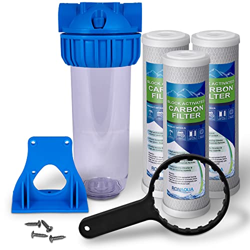 10 Inches Transparent Standard Whole House Water Filter System with Presser Relief Valve, 3/4â Inlet/Outlet Brass Port and Yearly Supply (3) Block Activated Carbon Cartridges 5 Micron