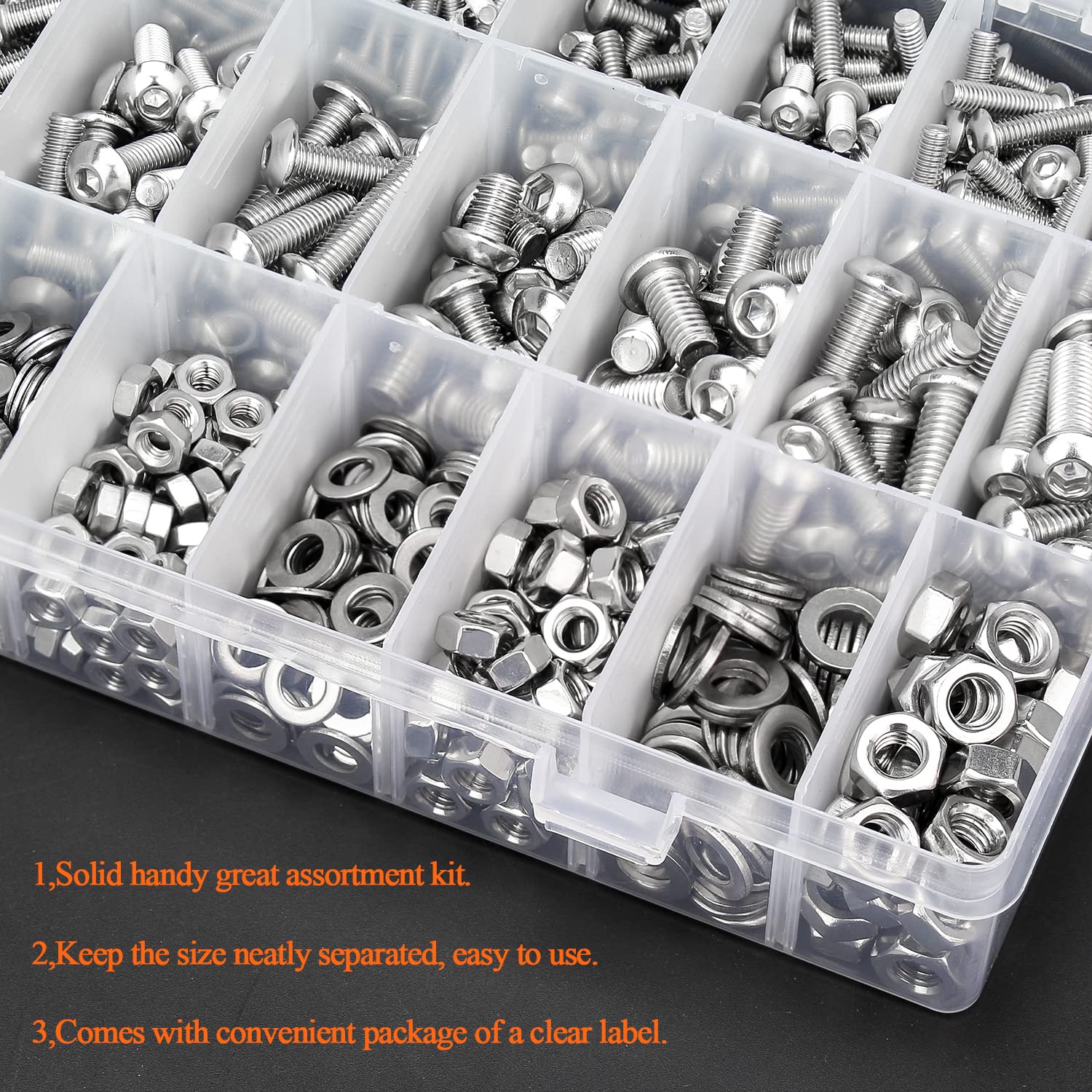 HELIFOUNER 810 Pieces M3 M4 M5 M6 304 Stainless Steel Button Head Socket Cap Metric Screws Bolts, Flat Washers and Nuts Assortment Kit with Hex Wrenches