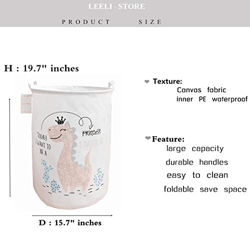 LEELI Laundry Hamper with Handles Collapsible Canvas Laundry Basket,Waterproof Storage Basket Home Organizer for Nursery,Clothes,Toys,Baby Hamper19.7×15.7(pink dinosaur)