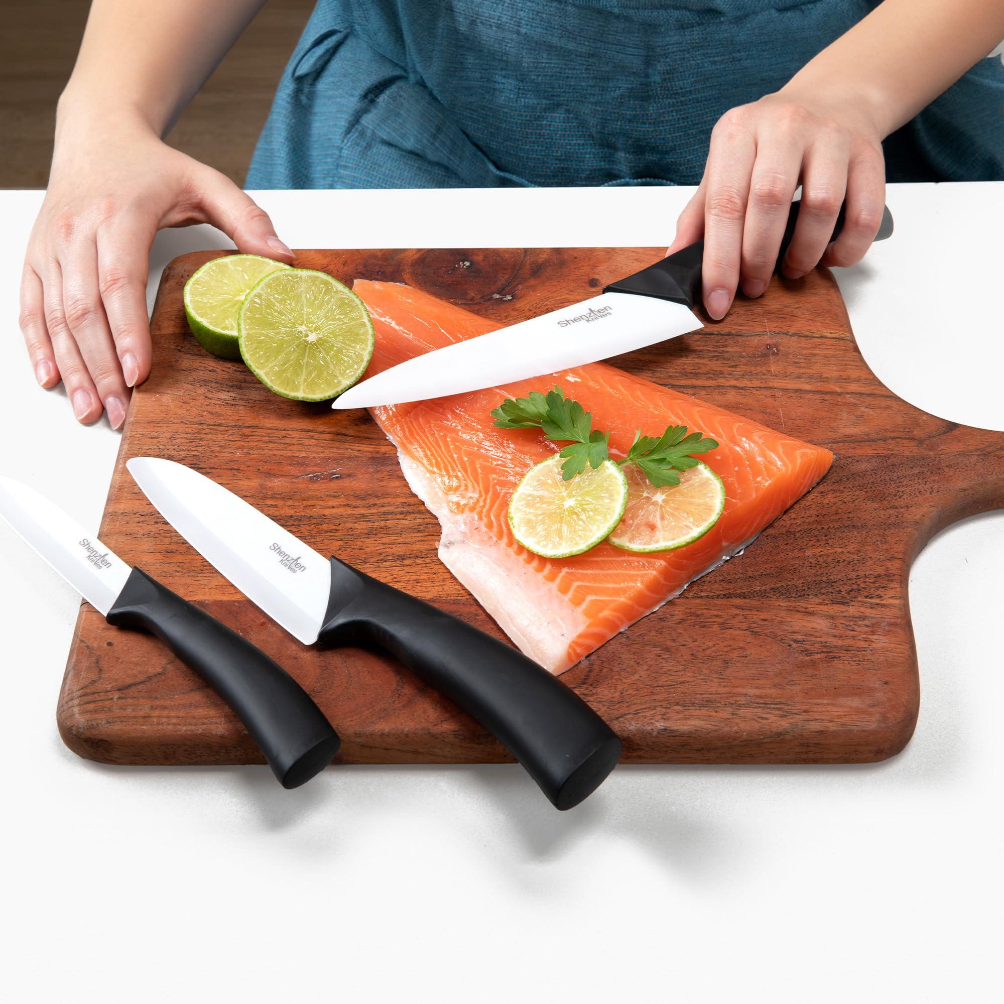 Shenzhen Knives - White Ceramic Knife Set - 3-Piece Kitchen Knives AND Large In-Drawer Bamboo Knife Block: 11 Slot (2 Pack Bundle)