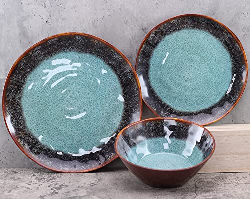 Gufaith Melamine Dinnerware Sets 12 Pcs, Plates and Bowls Sets for 4, Camping Plates, Unbreakable Dinnerware Set, Melamine Plates, Lightweight, BPA free, Dishwasher Safe, Blue with Brown