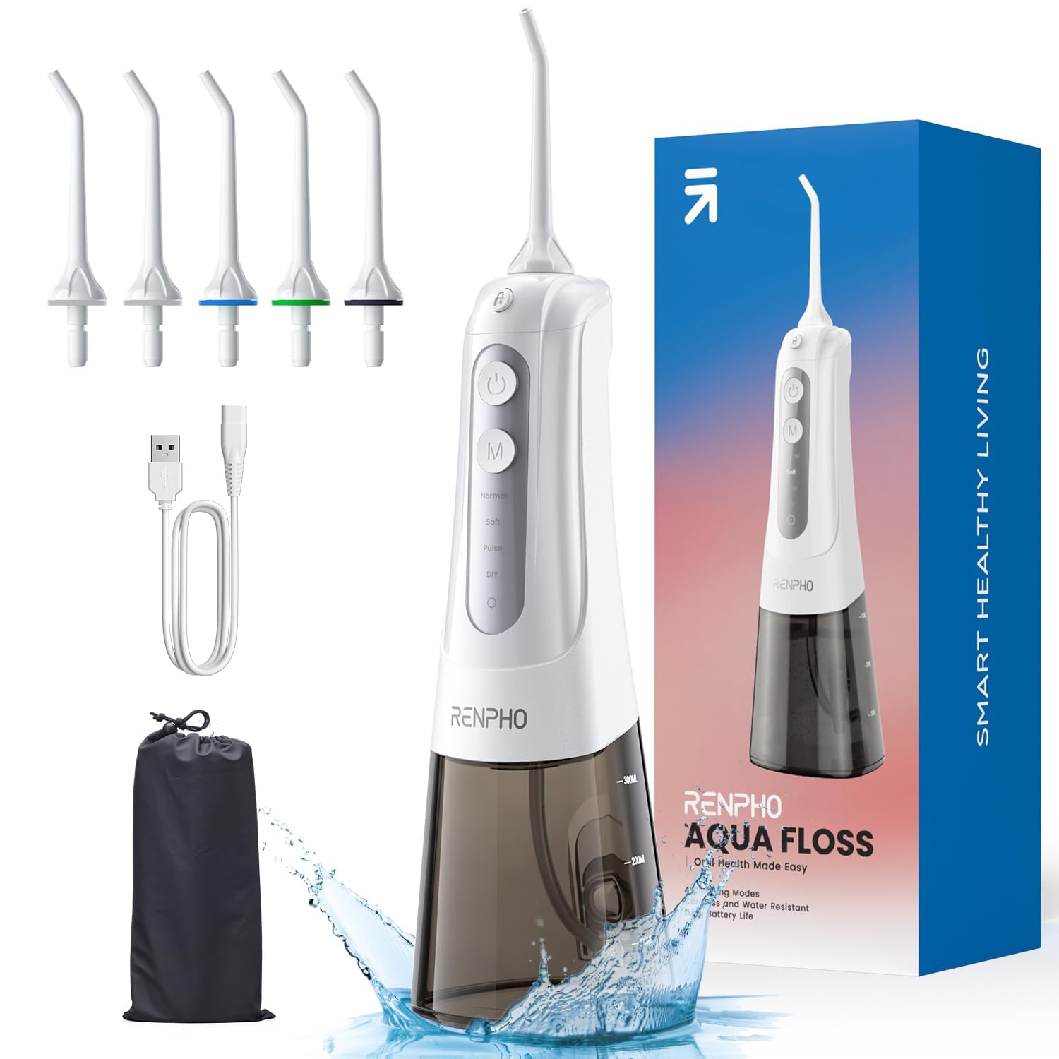 RENPHO Water Dental Flosser Teeth Cleaning, Cordless Oral Irrigator 300ML Portable Rechargeable Electric Waterflosser with 4 Modes 5 Jet Tips, IPX7 Waterproof, USB, Teeth Cleaner Pick for Home Travel