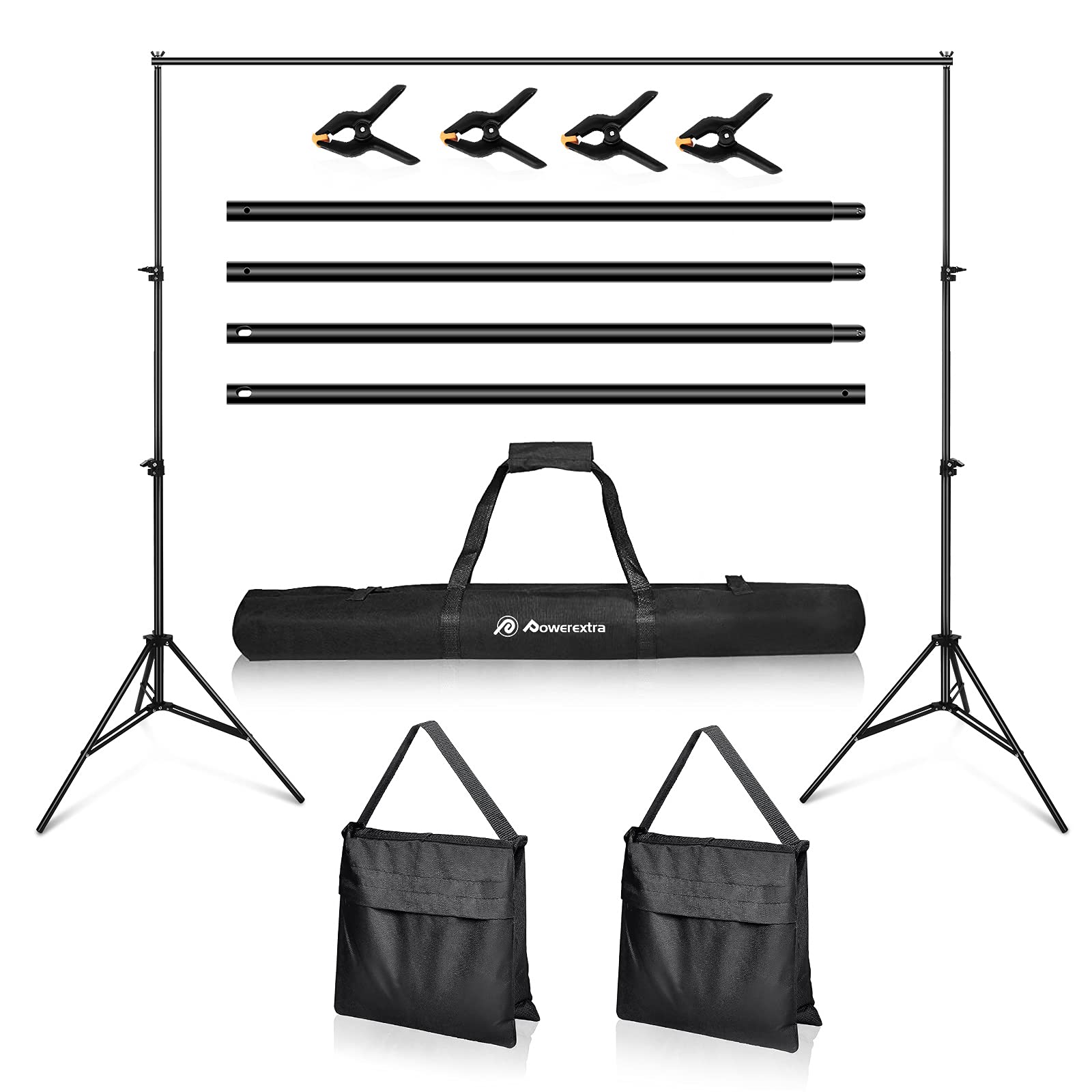 Photo Backdrop Stand, Photography Backdrop Stand, 10Ft Adjustable Background Stand Kit for Studio, Parties, Wedding, with 4 Crossbars, 4 Backdrop Clamps, 2 Sandbags, and Carrying Bag