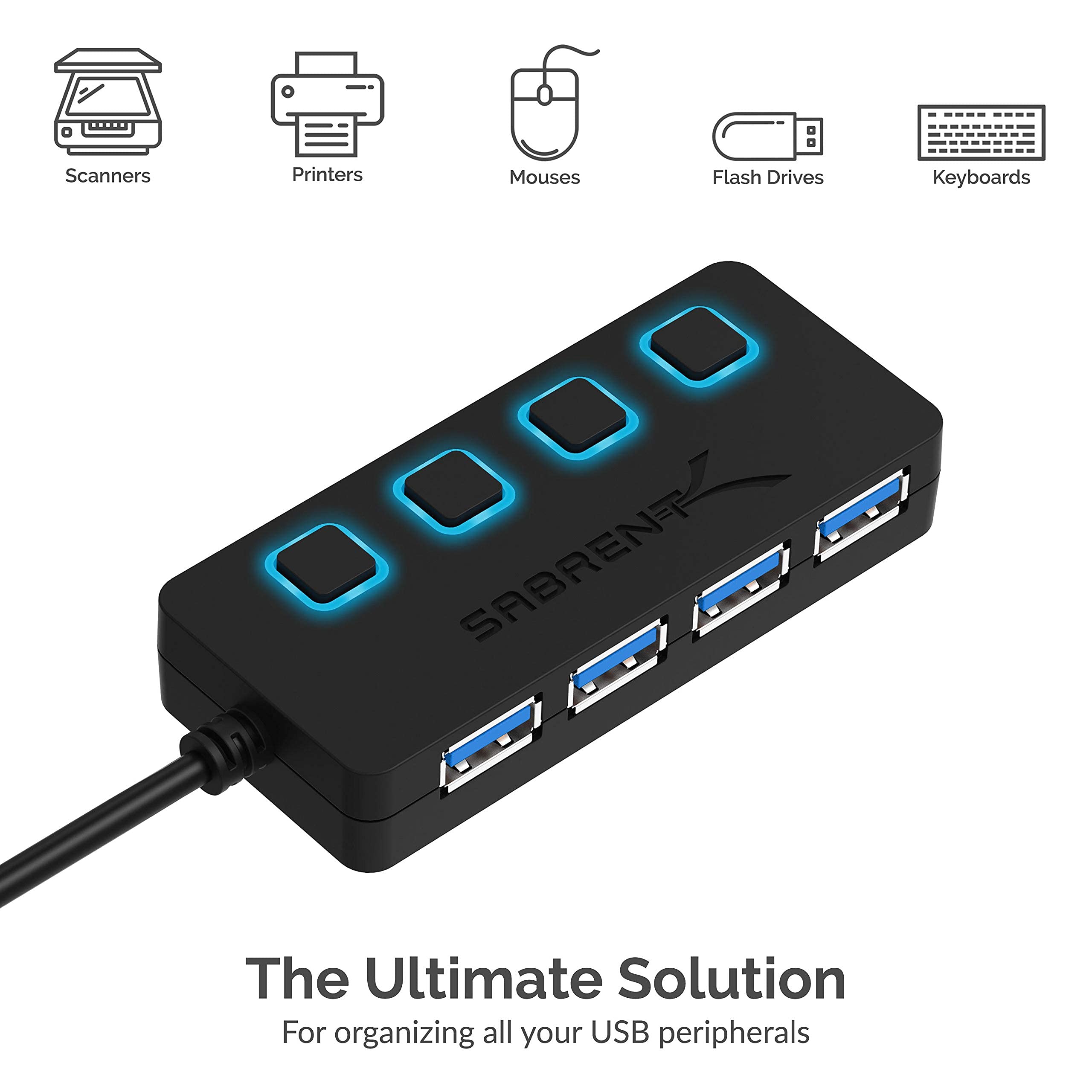 SABRENT 10 Ft 22AWG USB 3.0 Extension Cable - A-Male to A-Female in Black + 4-Port USB 3.0 Hub