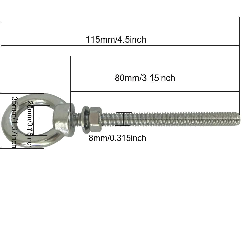 AIVOOF Stainless Steel Eye Bolts, 2 Pack M8 Shoulder Eye Bolt 3.15" Heavy Duty EyeBolts Screws in Eye Hooks with Washer and Nuts for Lifting Ring Eyebolt Thread Length 80mm