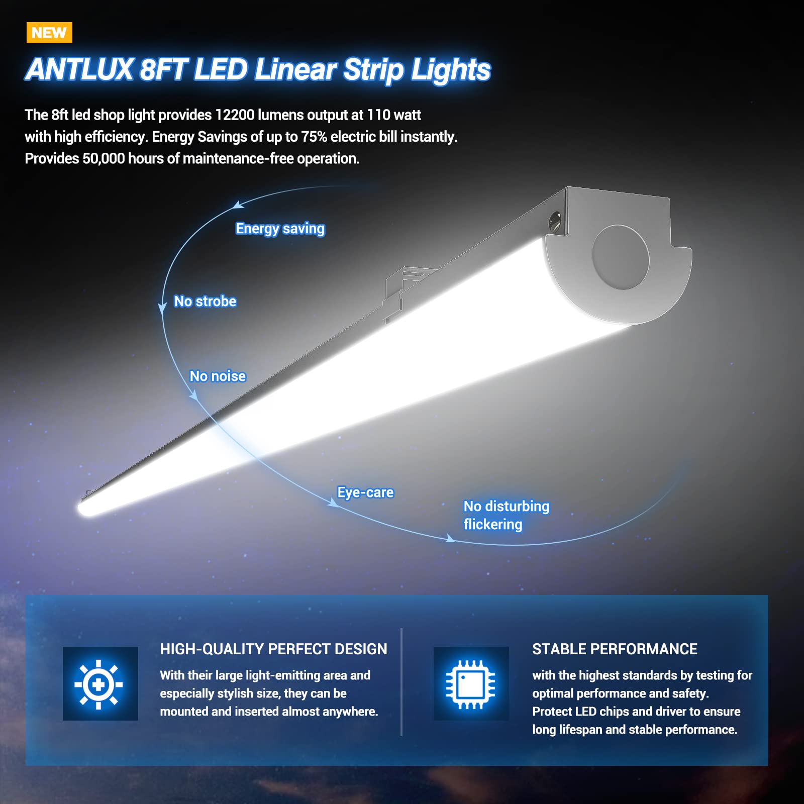 ANTLUX 110W LED Linear Strip Lights 8FT LED Shop Lights, 12000 Lumens, 5000K, 8 Foot Garage Lights, Surface Mount and Hanging Ceiling Lighting Fixture, Fluorescent Tube Replacement, 4 Pack