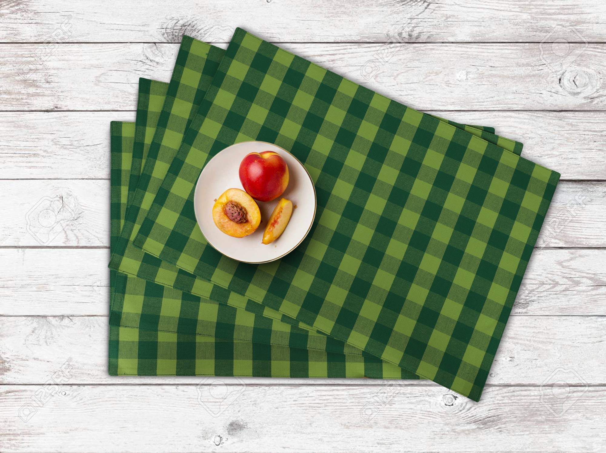 Urban Villa Green Checks Special 100% Cotton Fused Place Mats 14''x 20'' Over Sized Set of 6 Green Check Plaid Every Day Use Heavier Quality