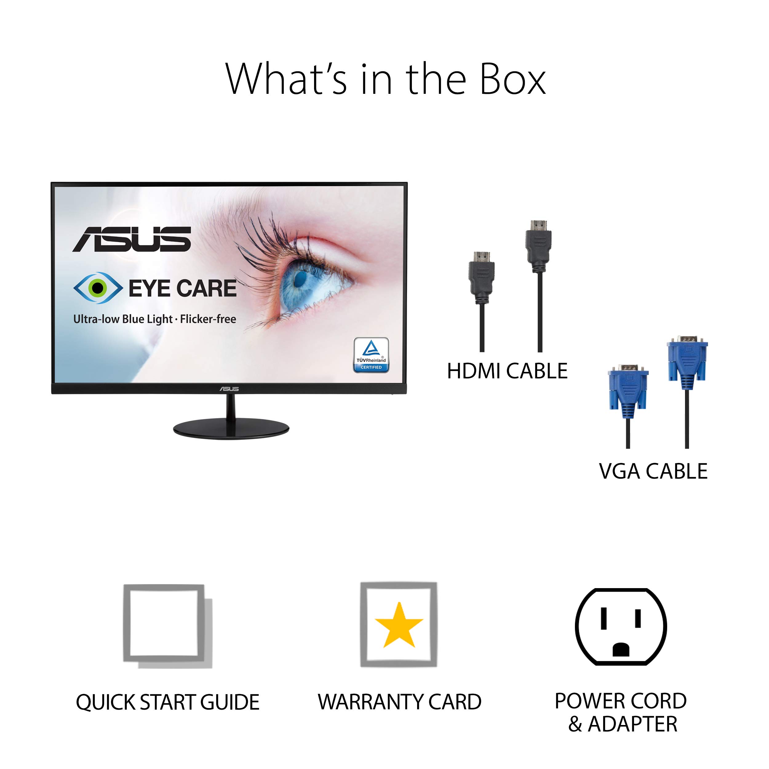 ASUS VL249HE 23.8” Eye Care Monitor, 1080P Full HD, 75Hz, IPS, Adaptive-Sync/FreeSync, Eye Care, HDMI VGA, Frameless Slim Design, VESA Wall Mountable (Renewed)