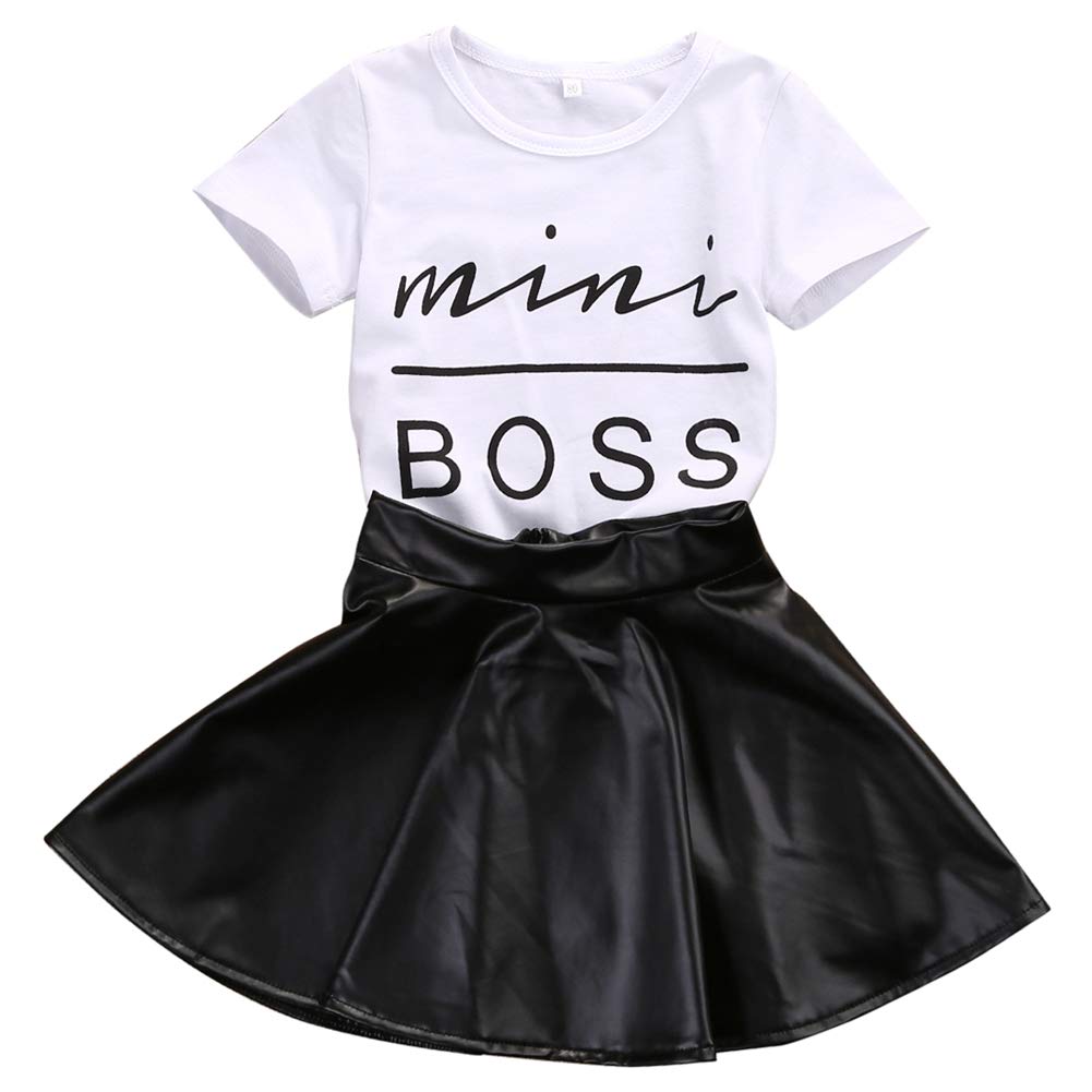 Afunbaby Toddler Baby Little Girls Fashion Clothes Mini Boss Shirt Tops&Leather Skirt 2Pcs Clothing Outfits Set (1-2T,Mini Boss Leather Sk)