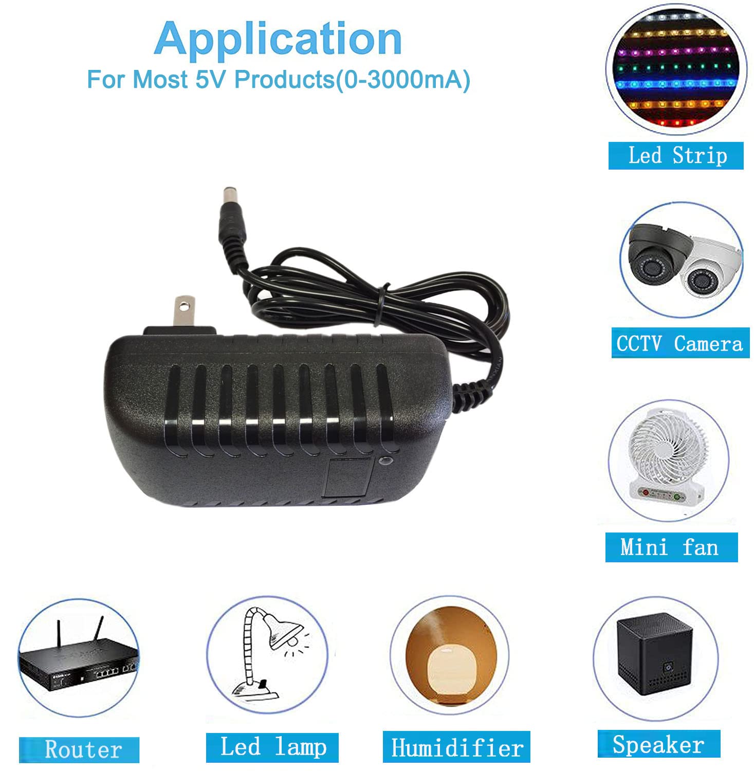 AC to DC Adapter 5V 3A Power Supply with 5, 5mm x 2, 1mm Plug Connector for Strip Light, Wireless Router, Security System , Switches, CCTV Cameras, Black, 8CM*5CM*3.3CM