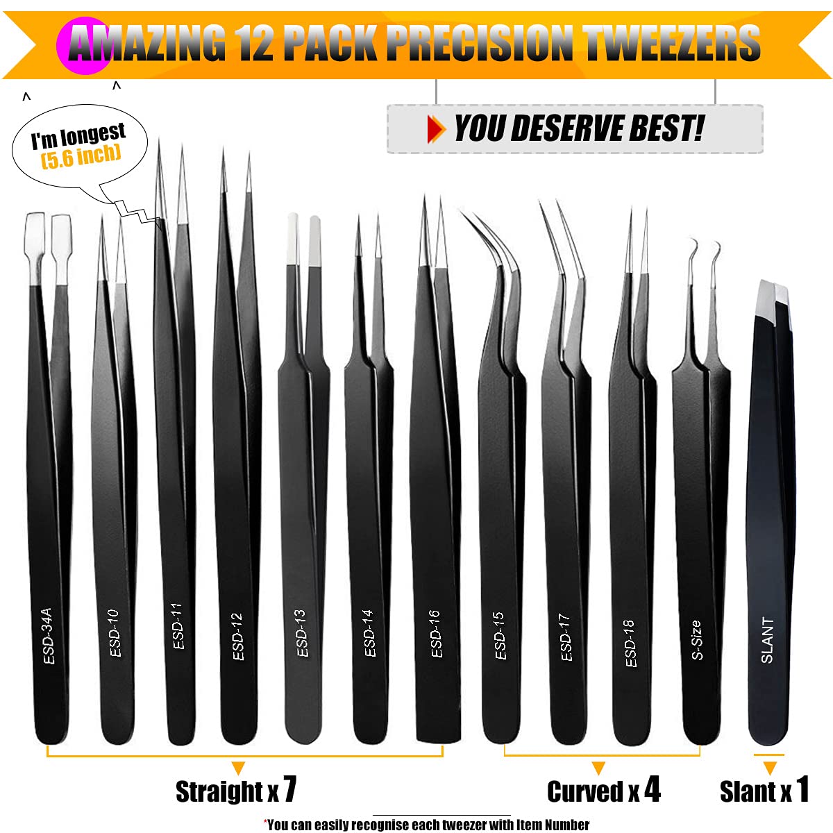Antonki 12 Pack Precision Tweezers Set, Point and Slant Metal Tweezer Kits for Craft, Soldering, Jewelry, Ingrown Hair, Eyelash Extension, Eyebrow - with Case