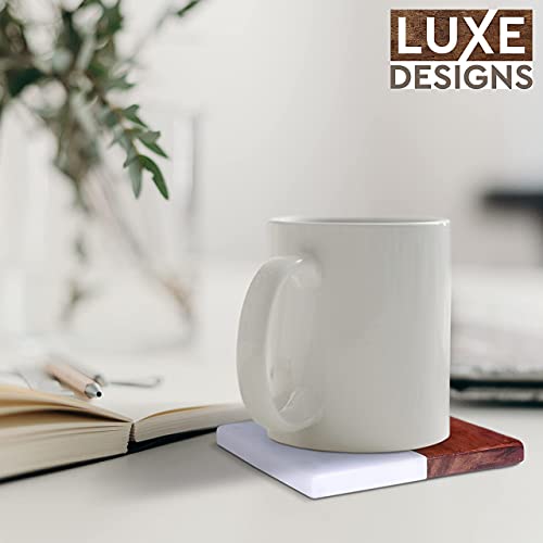 Acacia Wood & White Marble Coasters with Holder (4 Piece) β Square Absorbent Coasters For Drinks: Tea, Coffee, Wine & More β Fancy Half Marble Half Wood Coasters Set for Home & Kitchen Decor (4β x 4β)