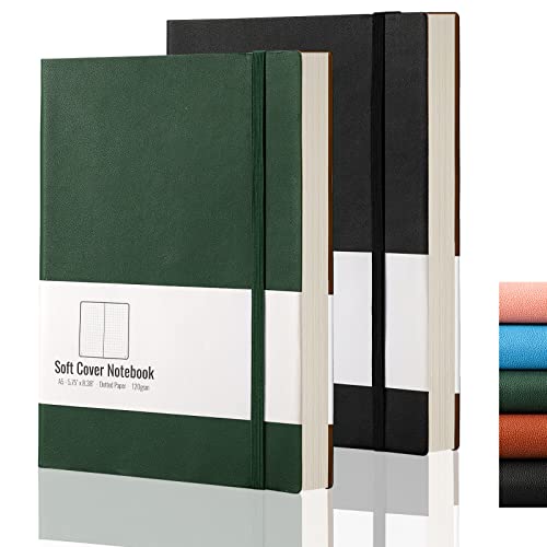 AHGXG Dotted Bullet Grid Journal 2 Pack - A5 Dot Grid Notebook Softcover, Medium 5.75'' Ć 8.38'', 320 Numbered Pages, 120gsm Thick Dotted Paper, Soft Leather Cover (Black Green)