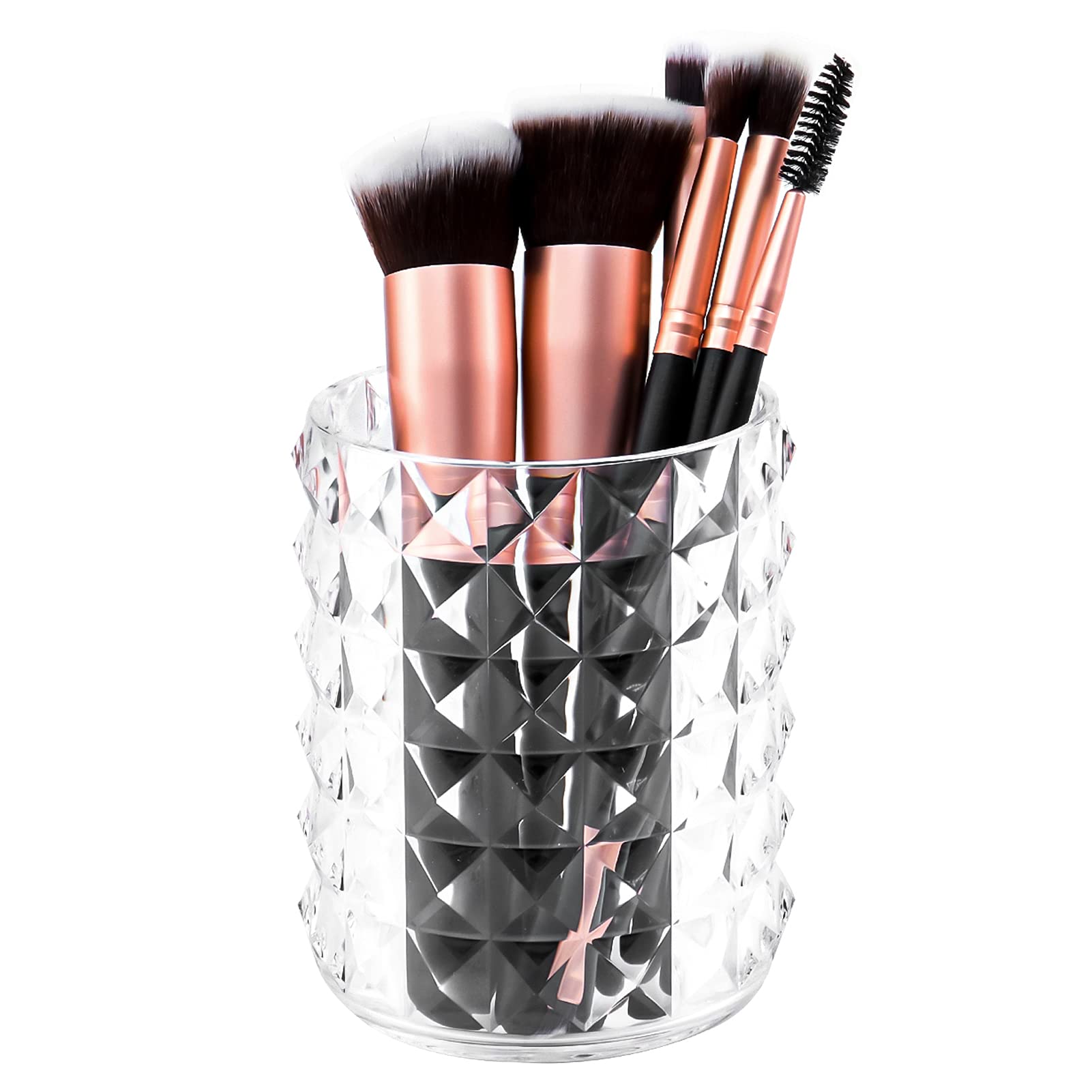 Funtygy Acrylic Makeup Brush Holder Organizer, Clear Pencil Pen Holder, Crystal Cosmetics Brushes Cup Storage Solution, Round