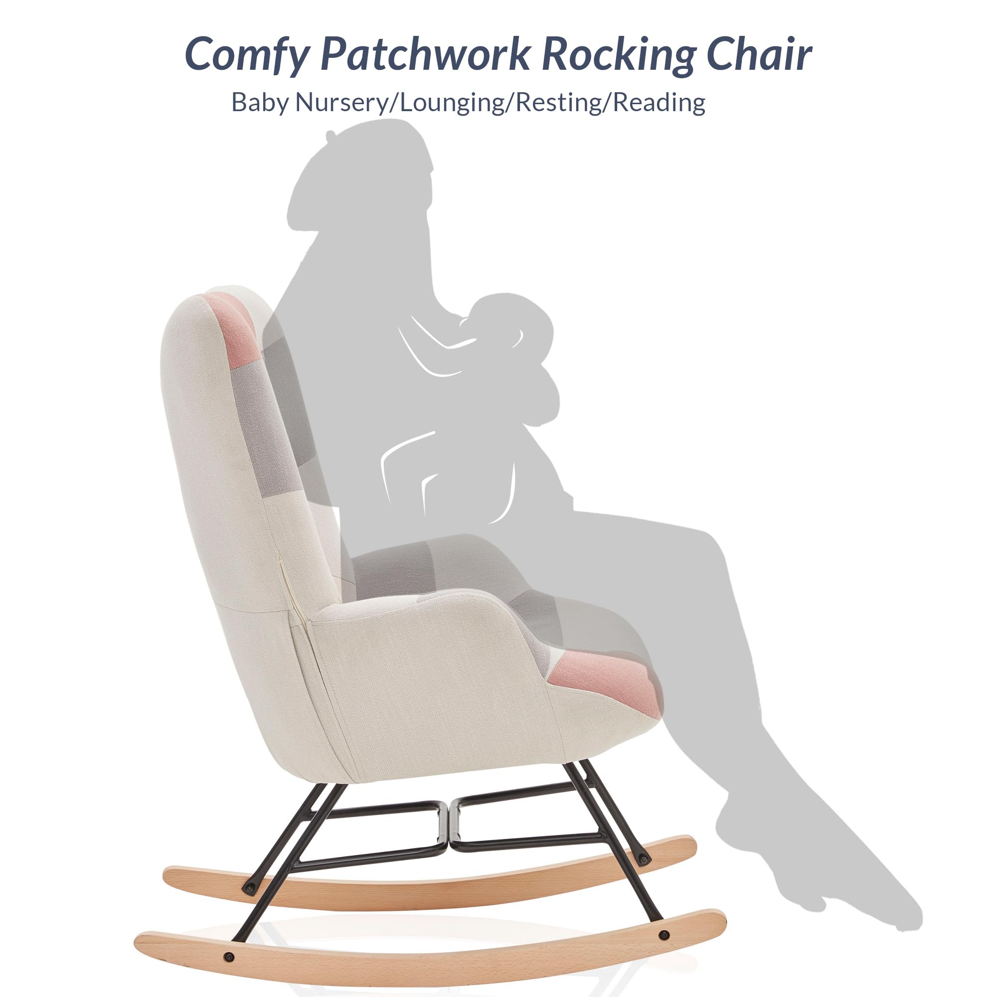 BELLEZE Colorful Patchwork Rocking Chair, Widen Nursery Rocking Chairs Comfy Linen Upholstered Glider Rocker with Solid Wood Legs for Living Room Bedroom Nursery - Paramount (Patchwork B)