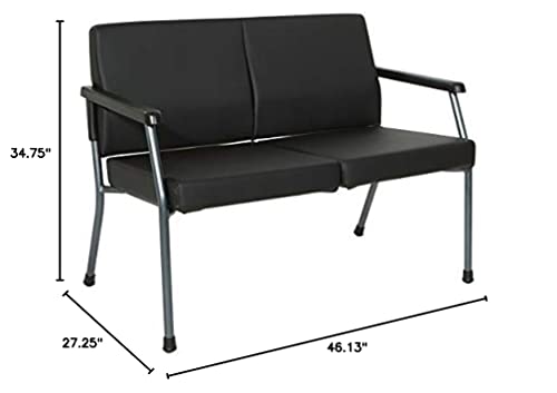 Office Star Bariatric Hip Patient Big and Tall Loveseat Medical Office Chair with Wider Seat and Sturdy Titanium Finish Metal Frame and Back Reinforcement, Dillon Black