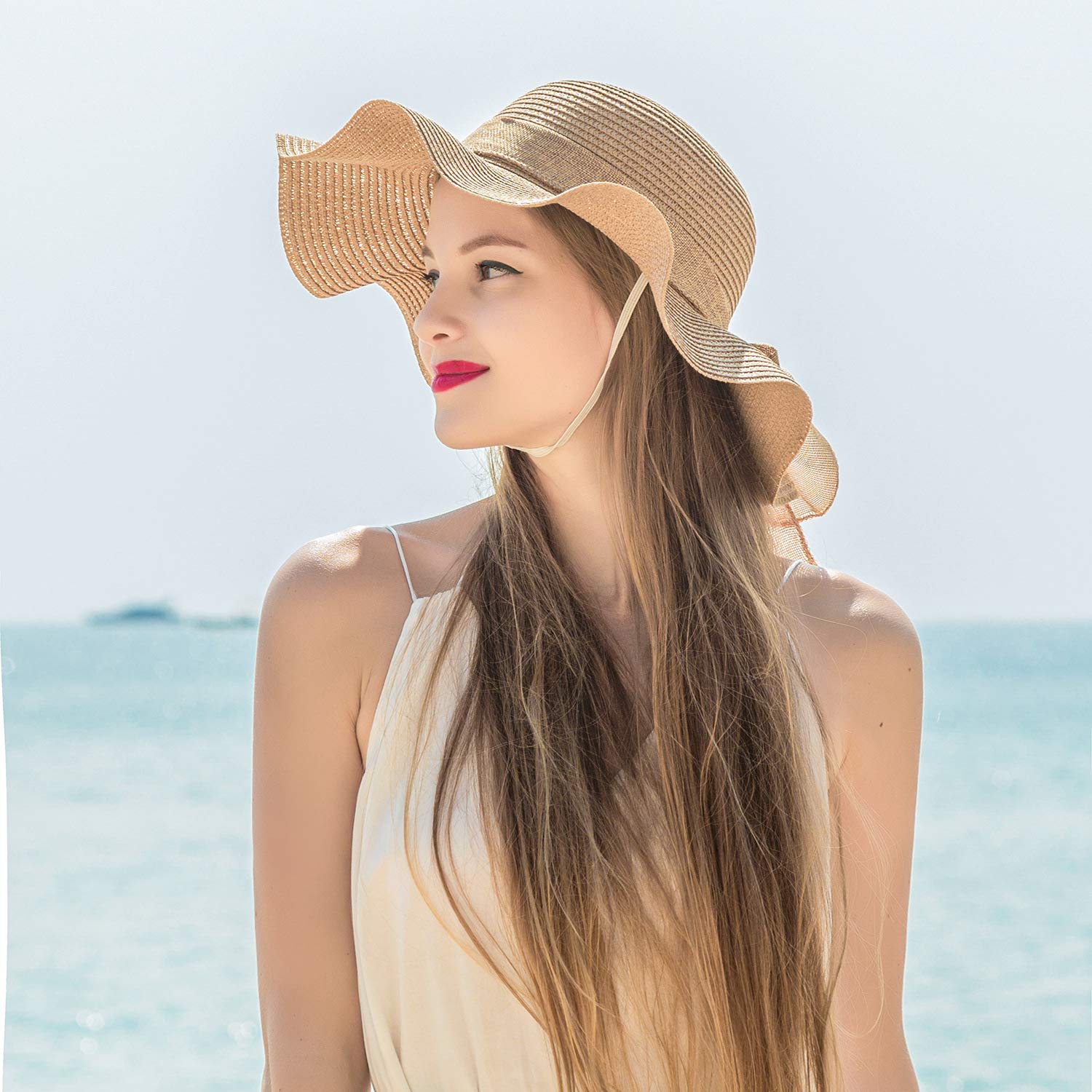 2PCS Family Matching Summer Beach Sun Hat Wide Brim Parent-Child Straw Hat Bowknot Cap for Women's Baby Girls (Camel)