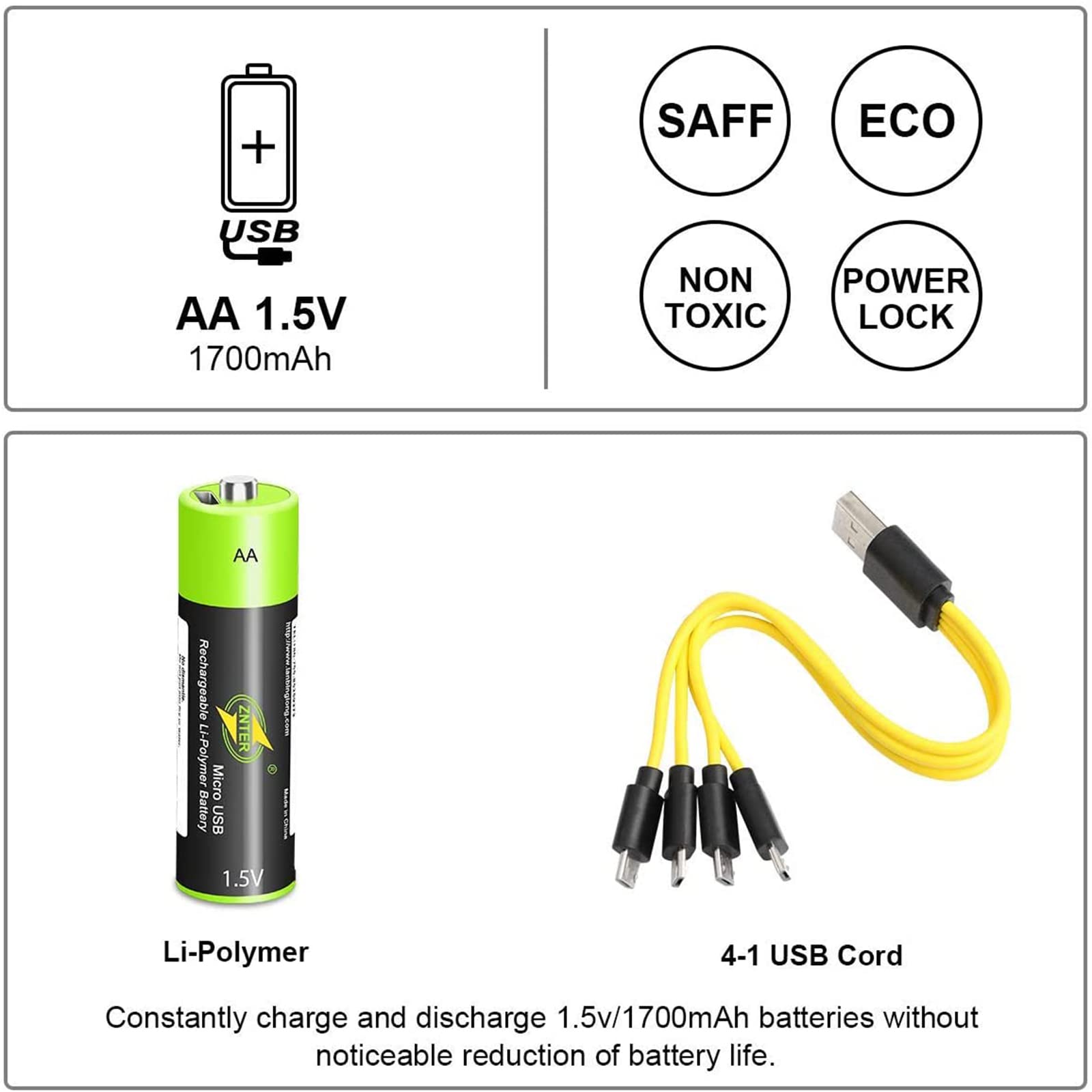 AA Batteries - USB Rechargeable Double A Lithium Batteries - Li-ion Battery Cell - 1.5V / 1700mAH (4-Pack) - Not NI-MH/NI-CD/Alkaline Batteries - ECO-Friendly and Recyclable - No Memory Effect(Green)