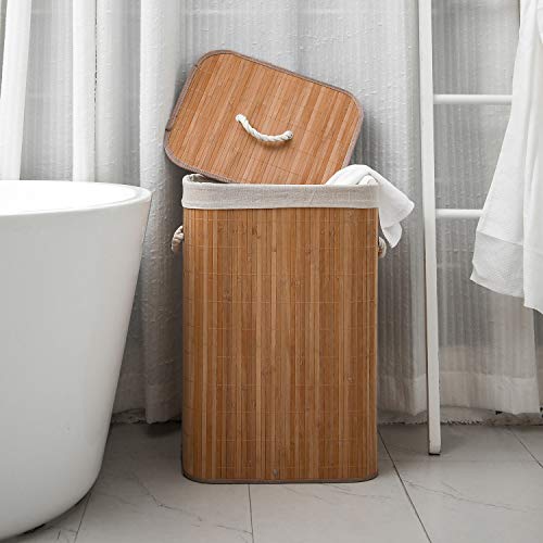 MHKanS Laundry Hamper with Lid Bamboo Dirty Clothes Storage Basket with Rope Handle and Removable Liner Rectangle Laundry Hamper Bin for Bathroom Bedroom Living Room Corner (Style 1)