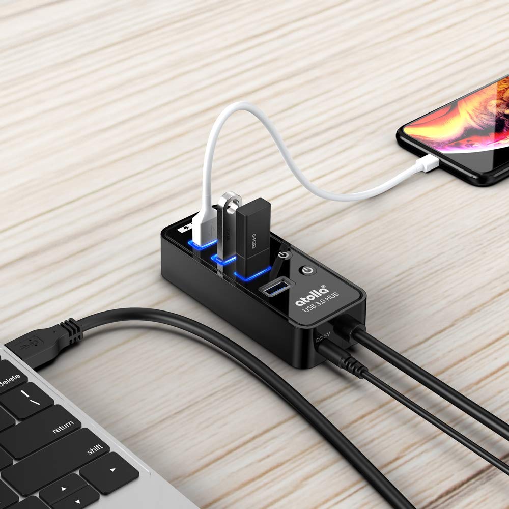 atolla 4-Port USB 3.0 Hub, USB Splitter with Individual On/Off Switches & LED