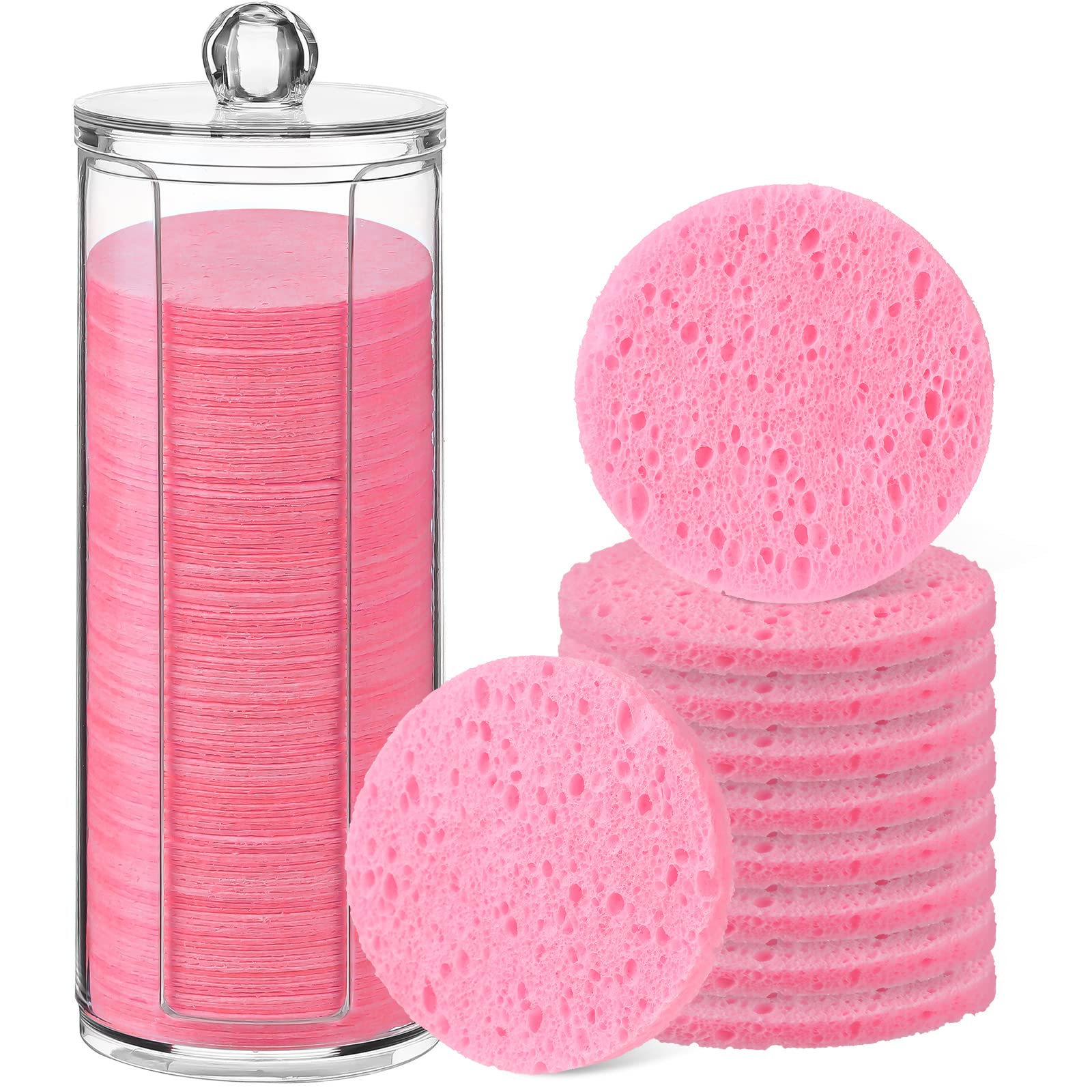 120pcs Compressed Facial Sponges Natural Face Exfoliator Disposable Face Sponges for Cleansing Round Soft Facial Scrubber Pads with Storage Container for Makeup Removal Esthetician Travel (Pink)