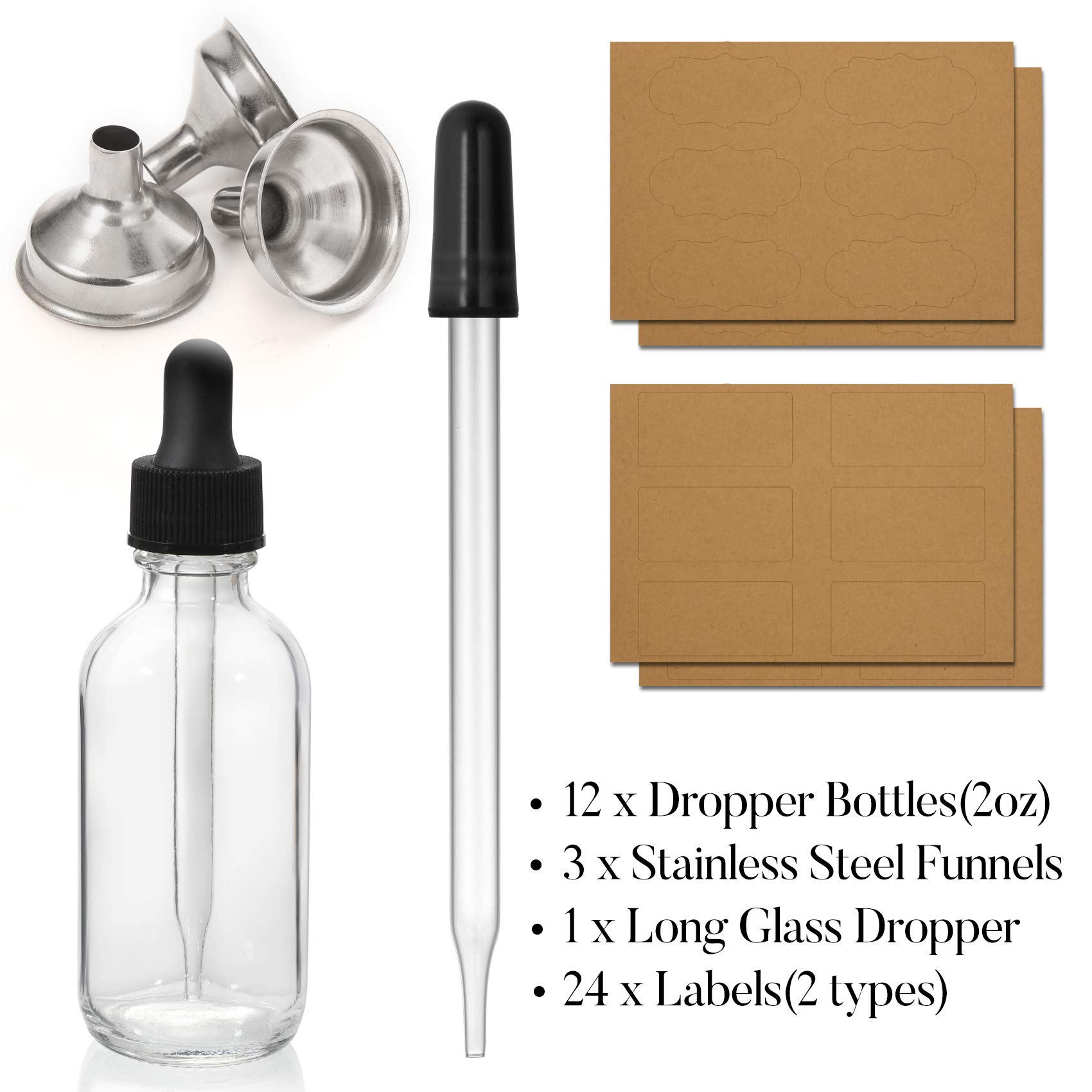 12 Pack, 2 oz Glass Eye Dropper Bottles w/ 3 Stainless Steel Funnels & 1 Long Pipette Dropper & 24 Labels - 60ml Clear Tincture Bottles for Essential Oils, Liquids - Leakproof Travel Essential Bottles