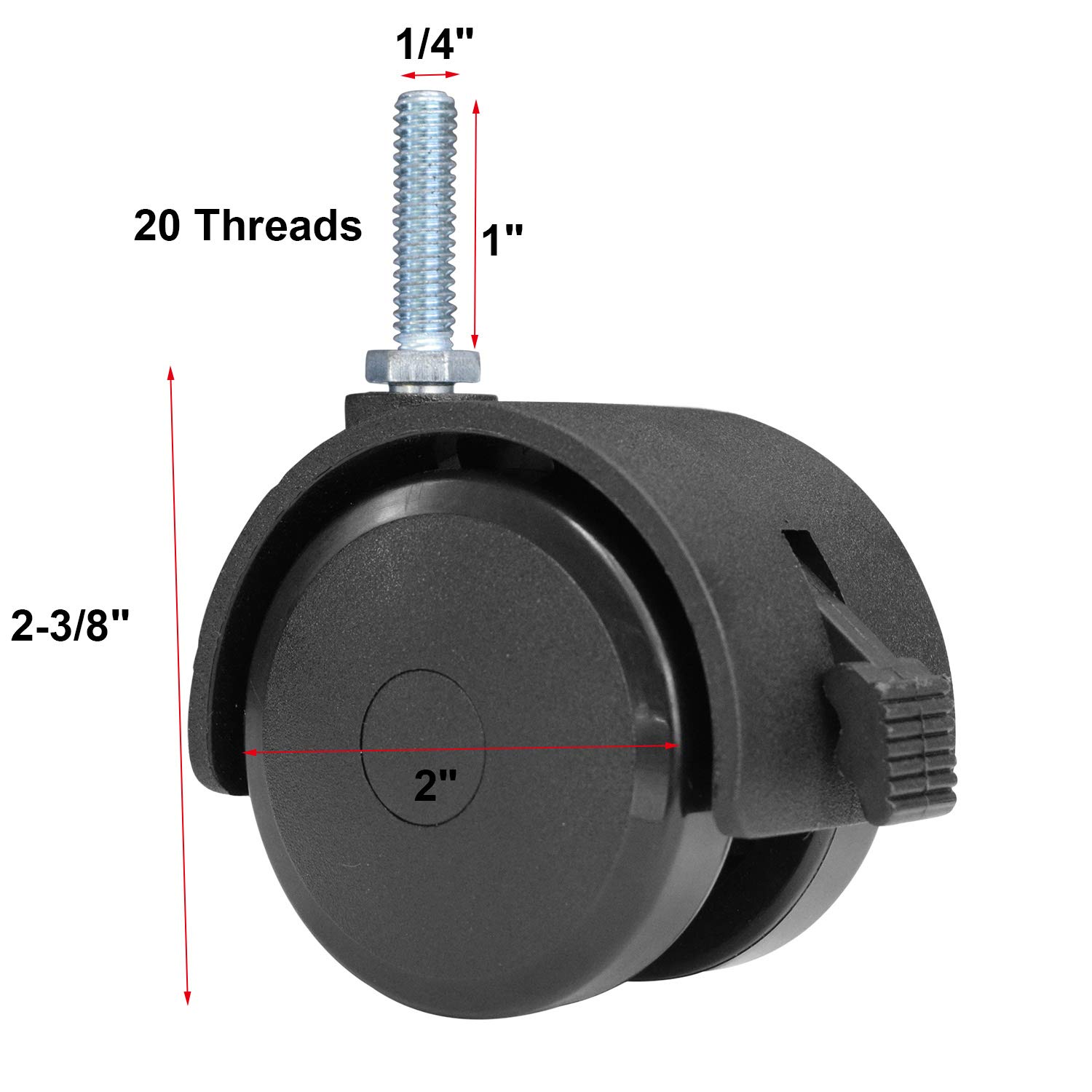 AAGUT 2" Swivel Stem Casters with Locking Brake Threaded 1/4" - 20 x 1 for Furniture and Shelves, Black Replacement Castors, Pack of 4