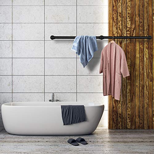 Crehomfy Industrial Pipe Clothes Rack with 3 Hooks, 72β'L Wall Mounted Garment Rack, Heavy Duty Iron Garment Bar, Clothes Hanging Rod Bar for Laundry Room, Max Load 135Lb Black (3 Base)