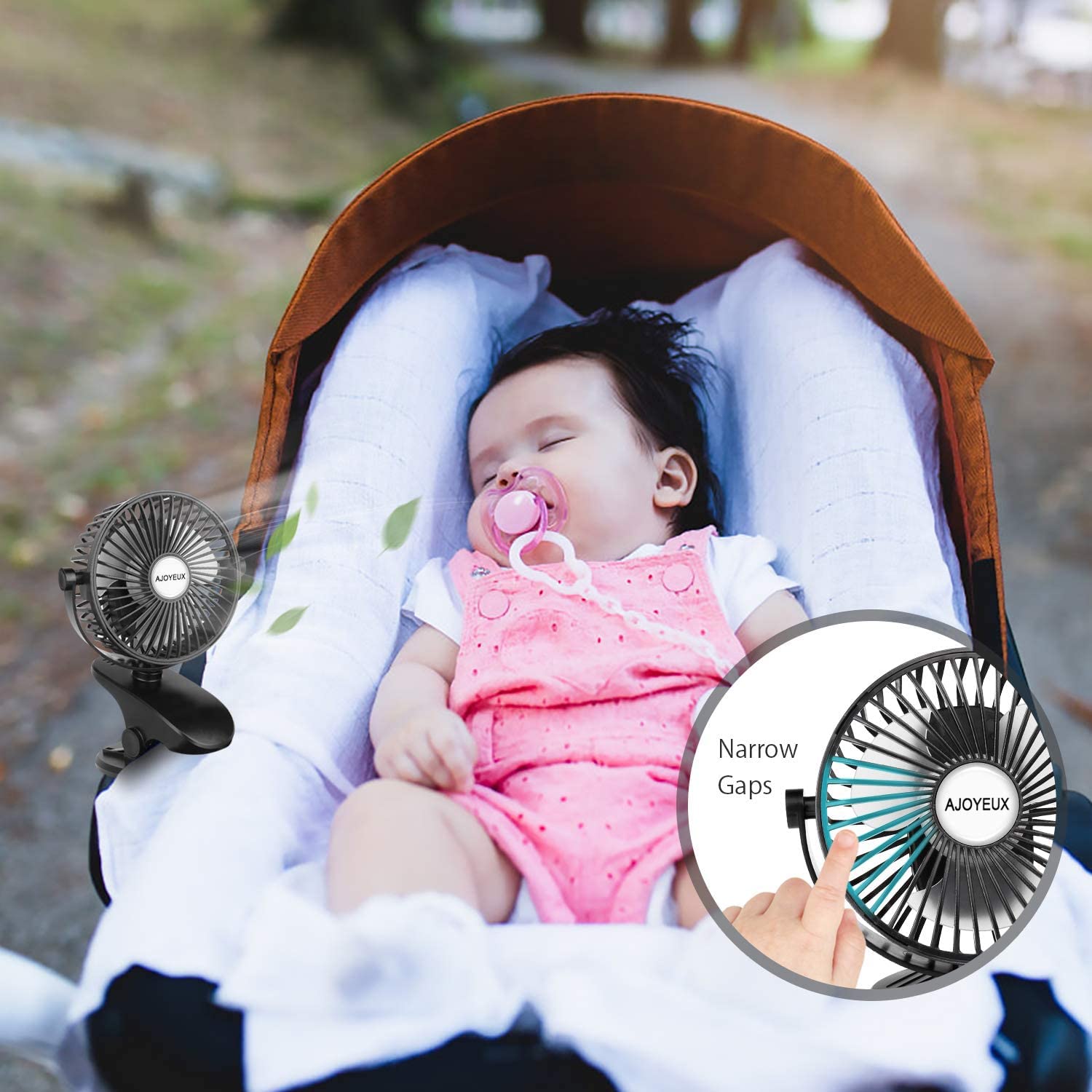 AJOYEUX Battery Operated Clip on Fan for Baby Stroller, Car Seat, Personal Camping - Black