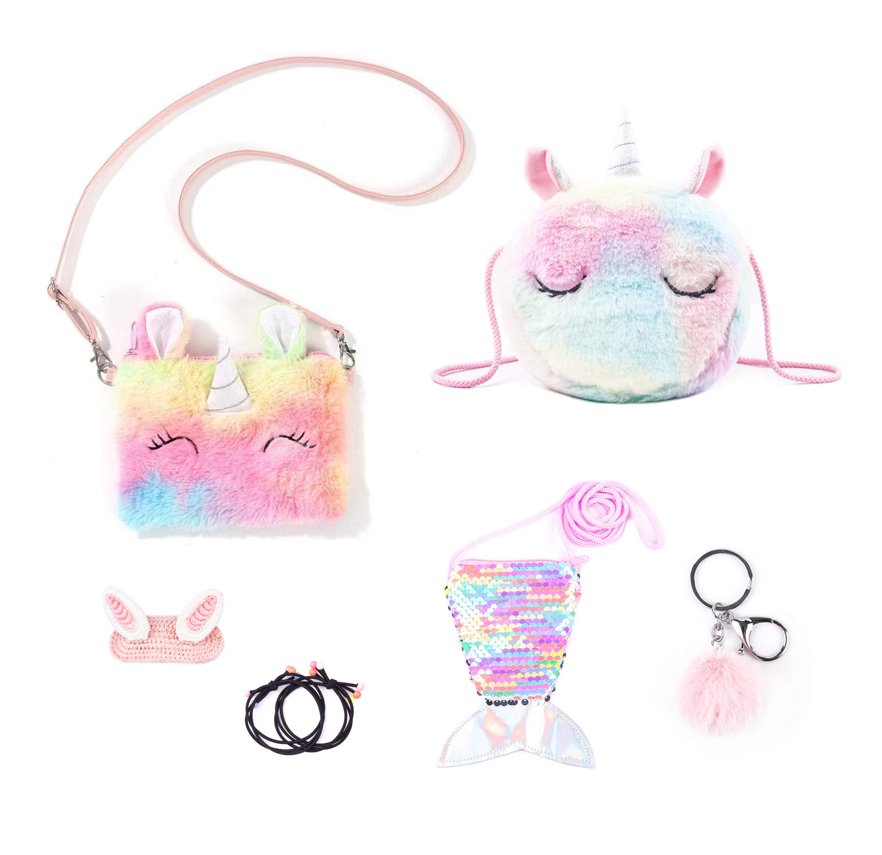 2pcs Little Girl Unicorn Purses Toddler Purses,1pcs Mermaid Bag with Cat Ear Hair Clips/Elastic Hair Ties and Plush keychain