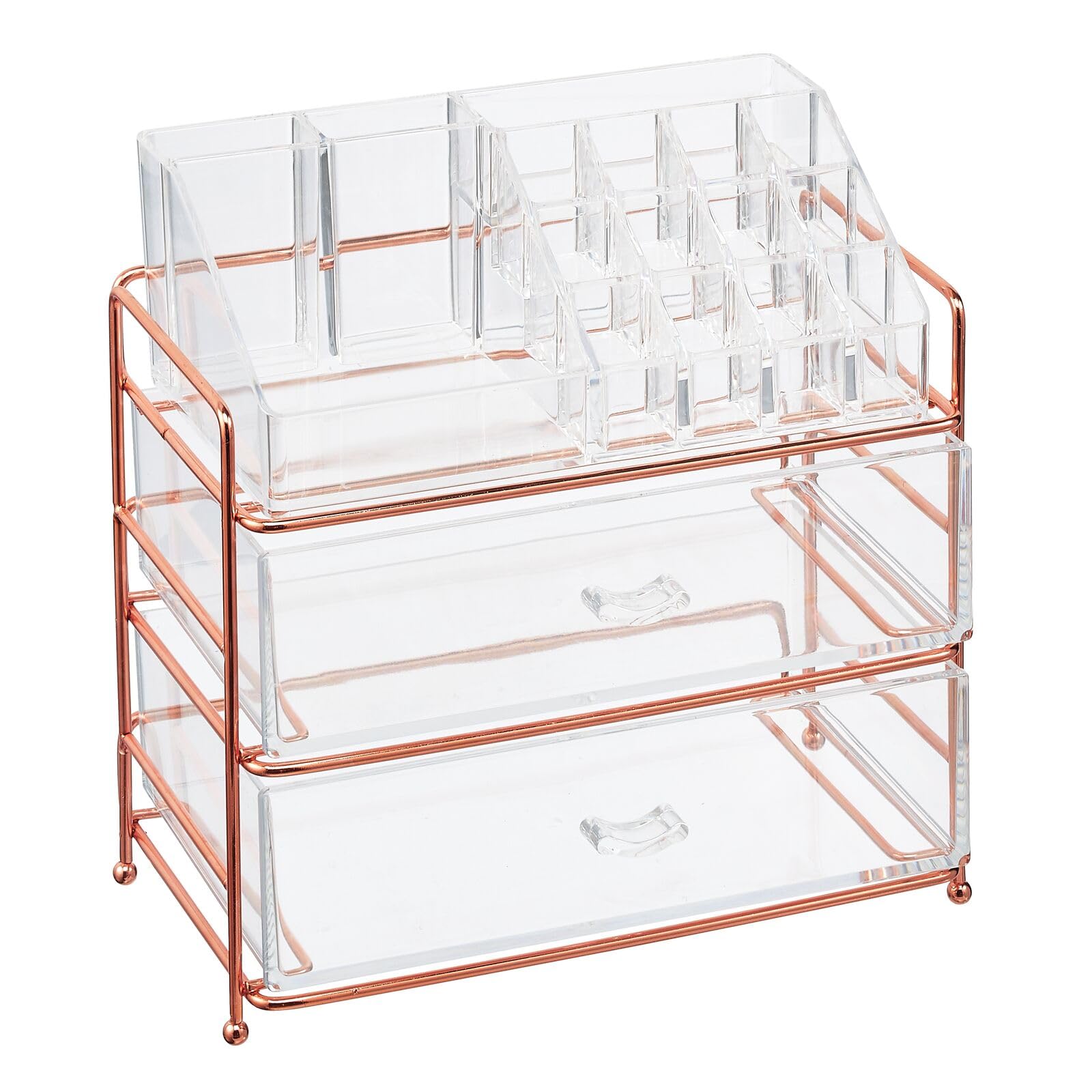 mDesign Plastic Cosmetic Storage Organizer Station with 2 Drawers and 16 Divided Sections for Bathroom, Cabinet, Vanity, Countertop - Holds Makeup Palettes, Brushes, Blush, Mascara - Rose Gold/Clear