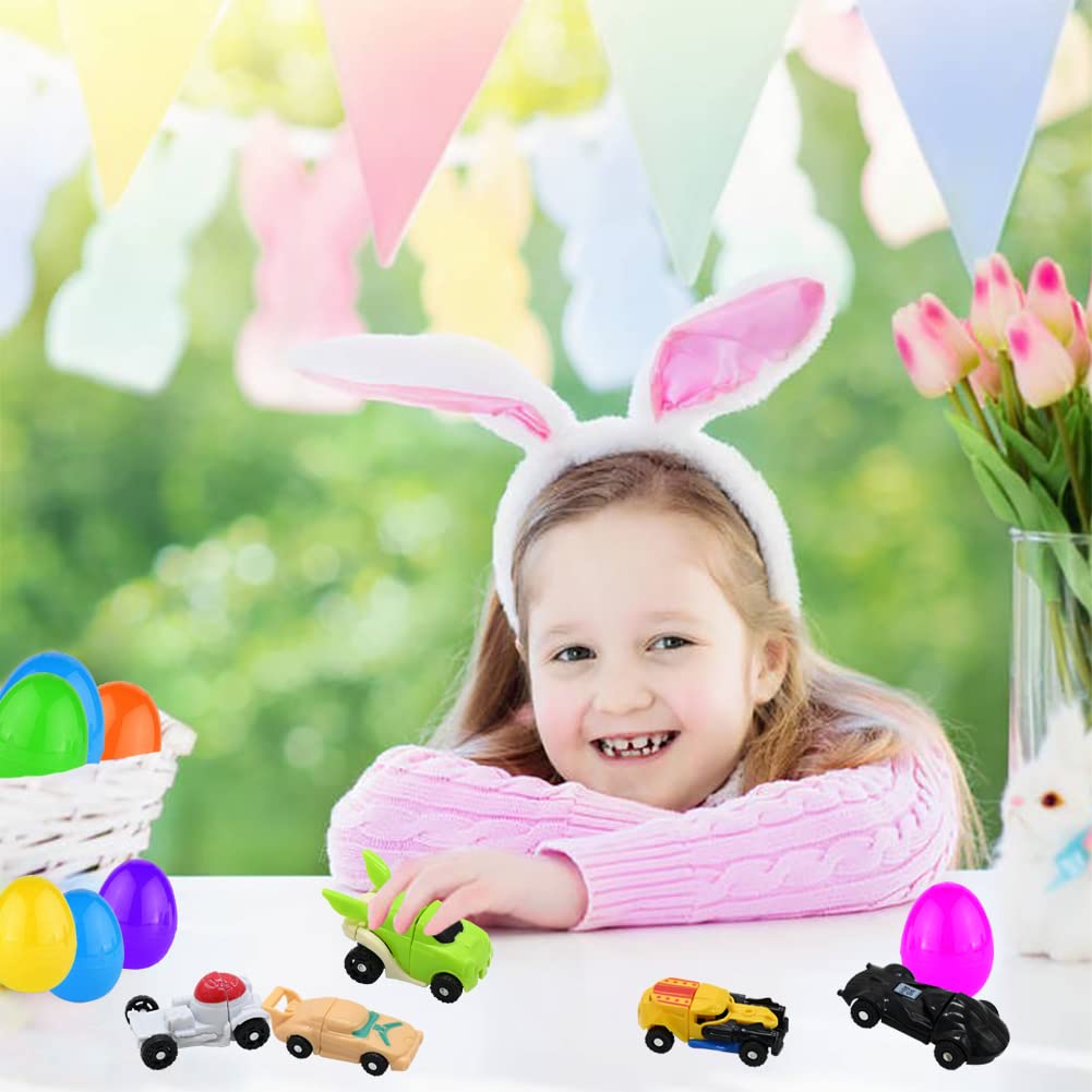 12 Packs Easter Eggs Filled with Deformation Cars Toys, 2.8" Plastic Surprise Eggs Prefilled with Transform Car Robot Toys for Kids Easter Egg Hunt, Easter Basket Filler, Easter Party Favor Event