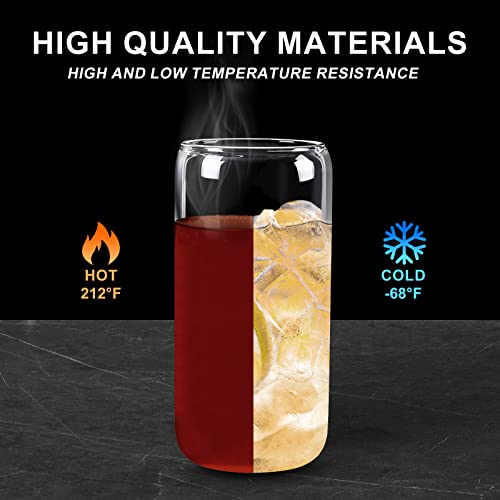 4pcs Set Drinking Glasses With Bamboo Lid And Glass Straw - 16oz Can Shaped Drinking Glass Set, Iced Coffee Mug, Cute Tumbler Cup, Whiskey, Water- Gift Best Choice - 2 Cleaning Brushes (Covered)