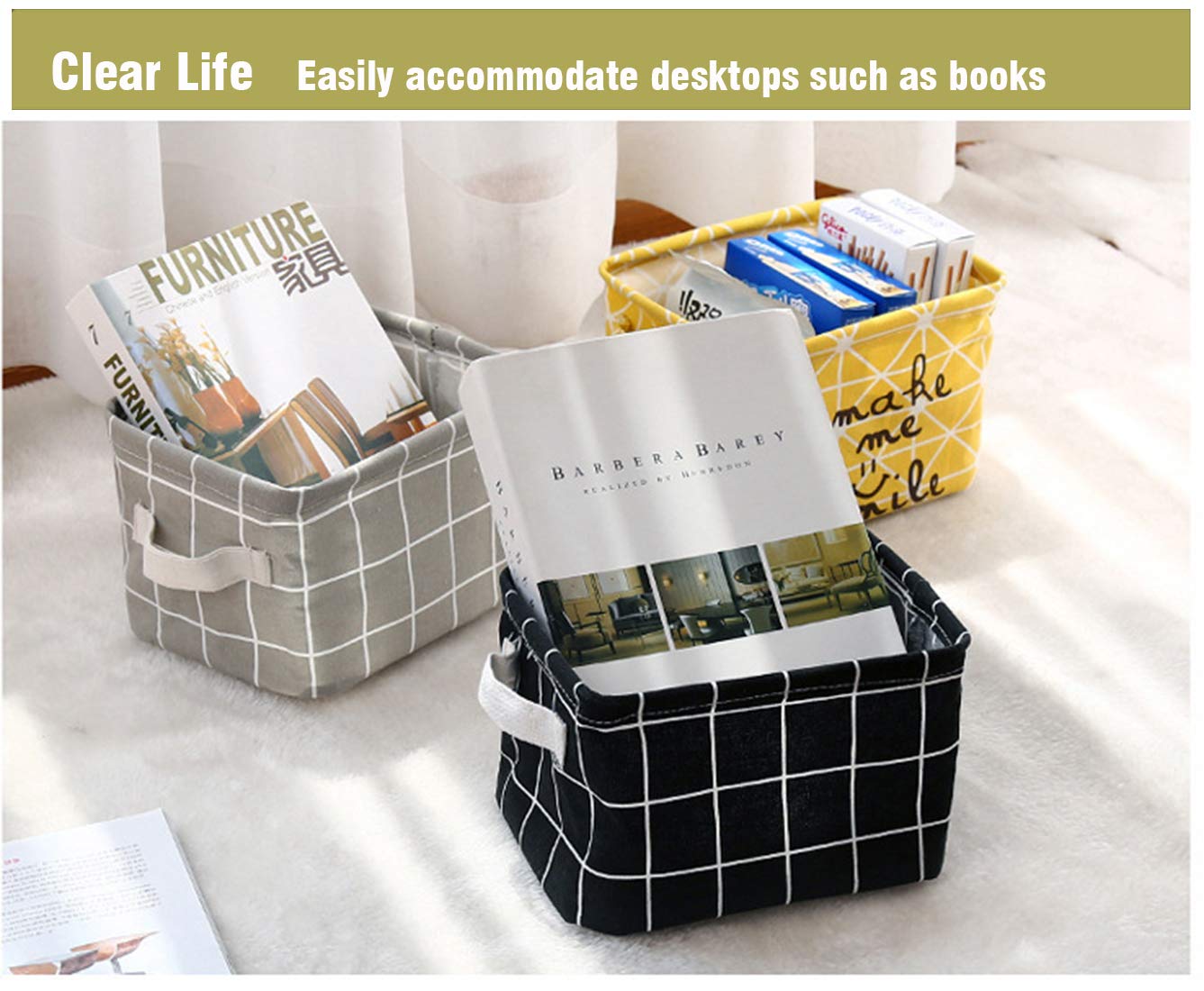 AARAINBOW 3 Packs Storage Basket Bins Canvas Mini Storage Cubes Storage Basket for Makeup, Toys Liners, Books Storage Baskets with Handles for Shelves & Desks(3 Gray)