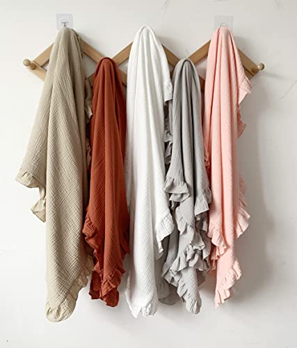 JH-YiSheng Cotton Ruffle Baby Blanket 2layers, Baby Muslin Swaddle Blankets, Infant Toddler Soft Reversible Throw Blanket,Crib Blanket with Solid Color 35*35inch (Khaki)