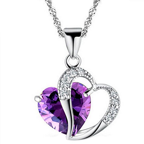 Lutos Heart Silver Plated Crystal Diamond Gem Pendant Hollow Silver Chain Necklace Shinning Jewelry for Girl Women