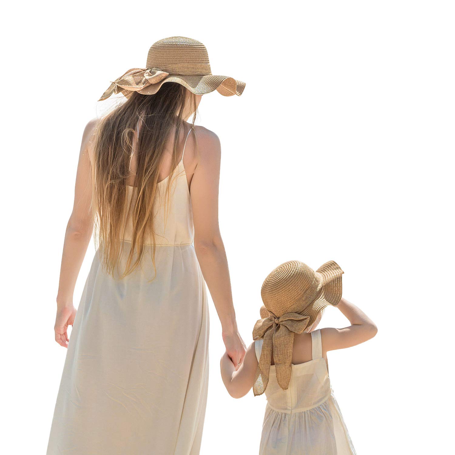 2PCS Family Matching Summer Beach Sun Hat Wide Brim Parent-Child Straw Hat Bowknot Cap for Women's Baby Girls (Camel)