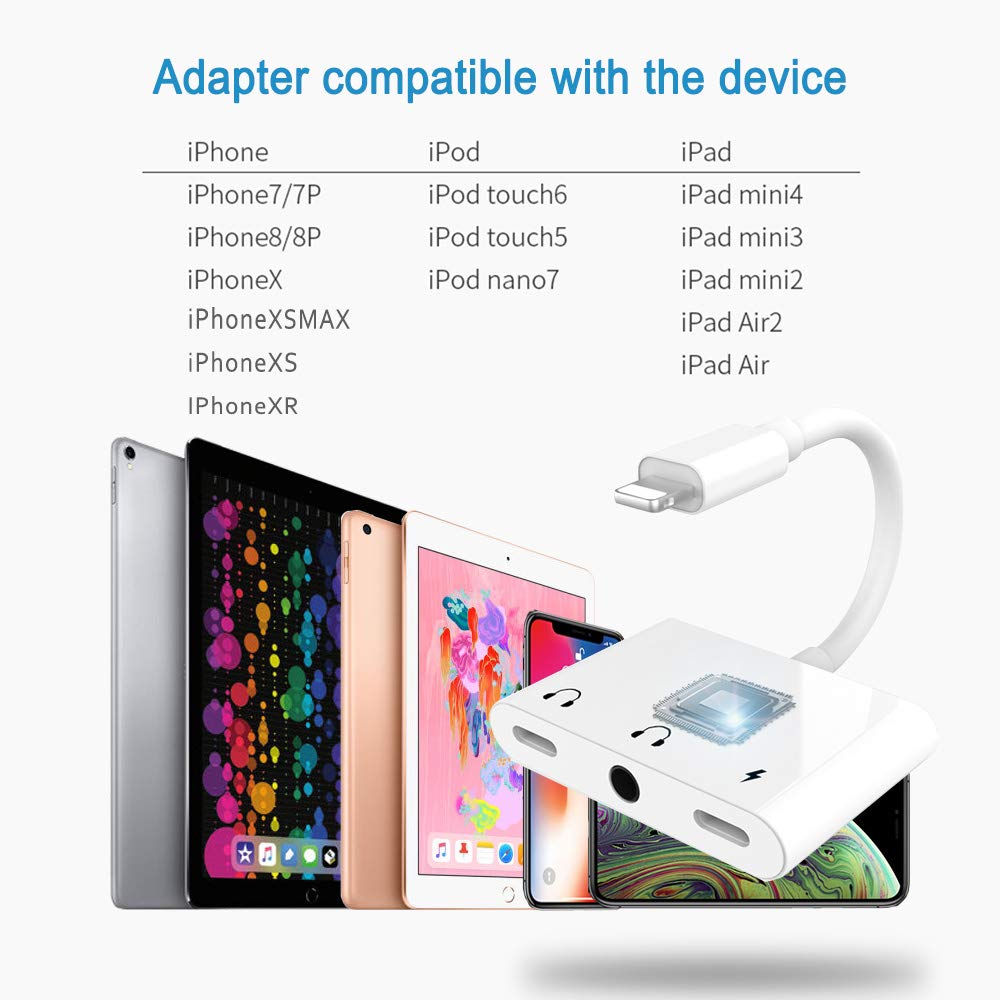 Anytrox 3 in 1 Headphone Adapter for iPhone,3.5mm Earphone Aux Audio and Charge Adapter Splitter Compatible for iPhone 14 13/12Pro/11/X/8 and iPad(White)
