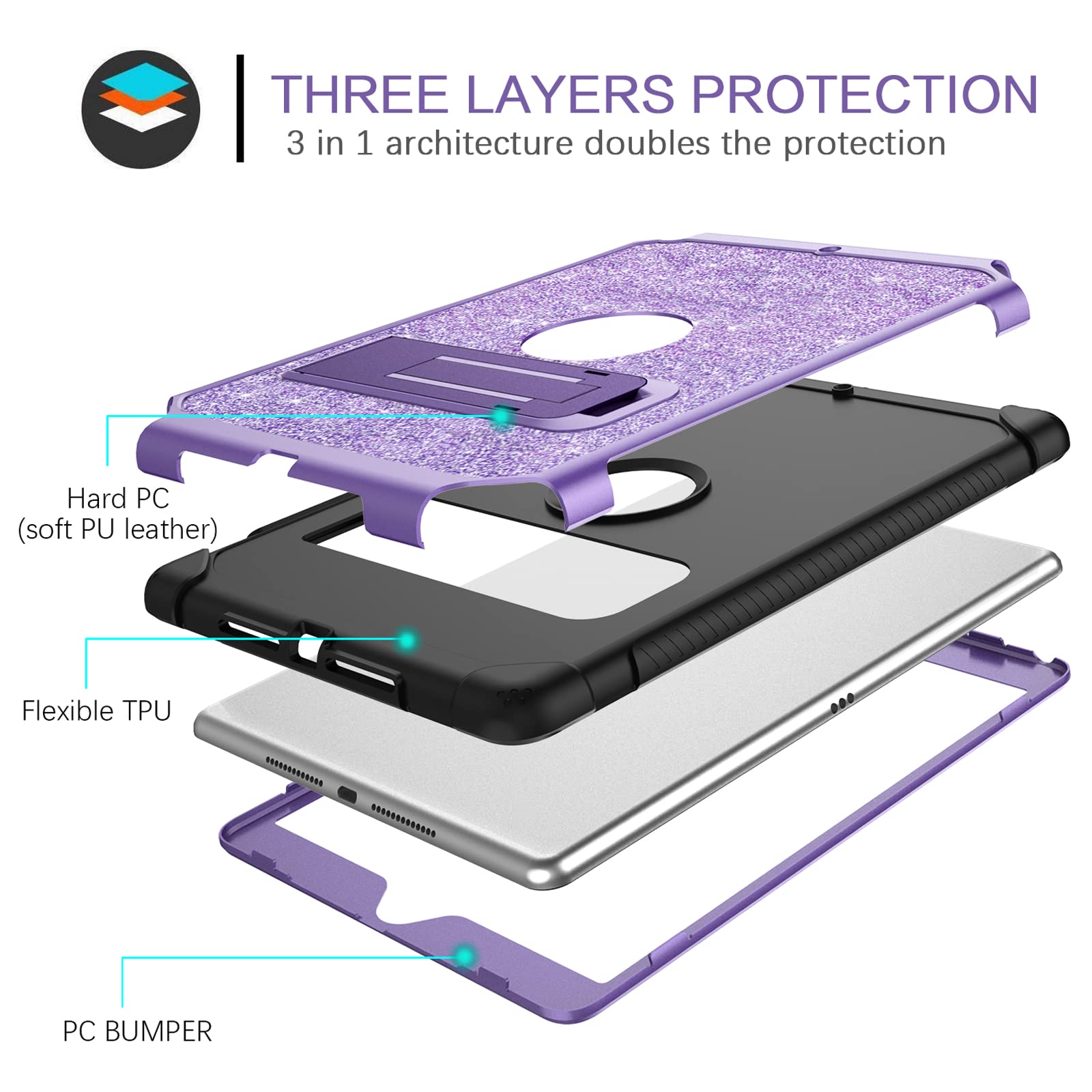BENTOBEN for iPad 9th Generation Case with Kickstand, iPad 8th / 7th Generation Case Glitter Sparkly 3 Layers Shockproof Full Body Protective Girls Tablet Cover for iPad 10.2" 2021/2020/2019,Purple