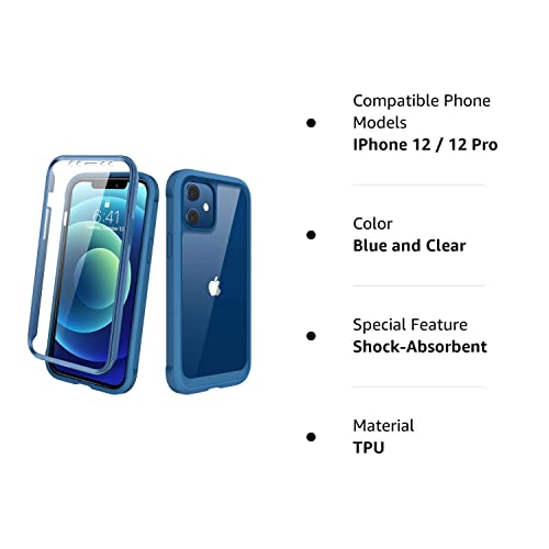 Diaclara Designed for iPhone 12/12 Pro Case, Full Body Rugged Case with Built-in Touch Sensitive Anti-Scratch Screen Protector, Soft TPU Bumper Case for iPhone 12/12 Pro 6.1" (Blue and Clear)