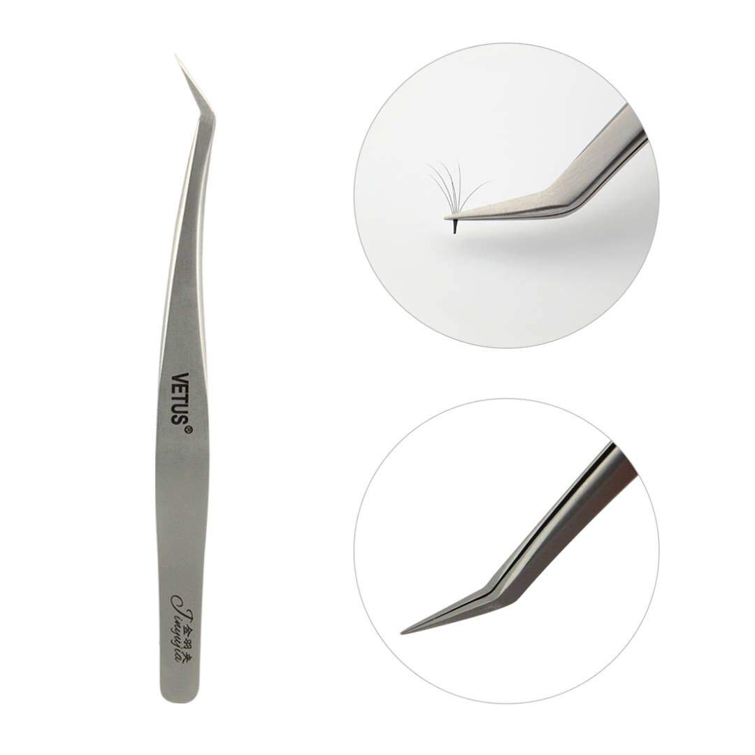2 Pcs VETUS Eyelash Extension Tweezers Dolphin-shaped and Curved Tip Tweezers Professional Volume & Classic Tweezers Set with Black Leather Sheath(Jinyujia&Haitunjia)
