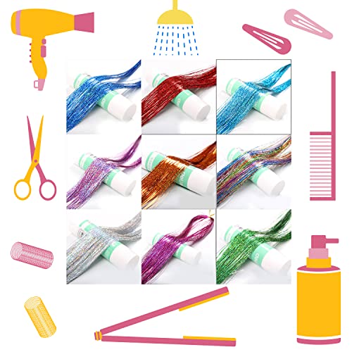 47 Inch 12 Colors Hair Tinsel 2400 Strands With Tool Sparkling Dazzle Glitter Shiny Hair Extensions Hair Tinsel Kit